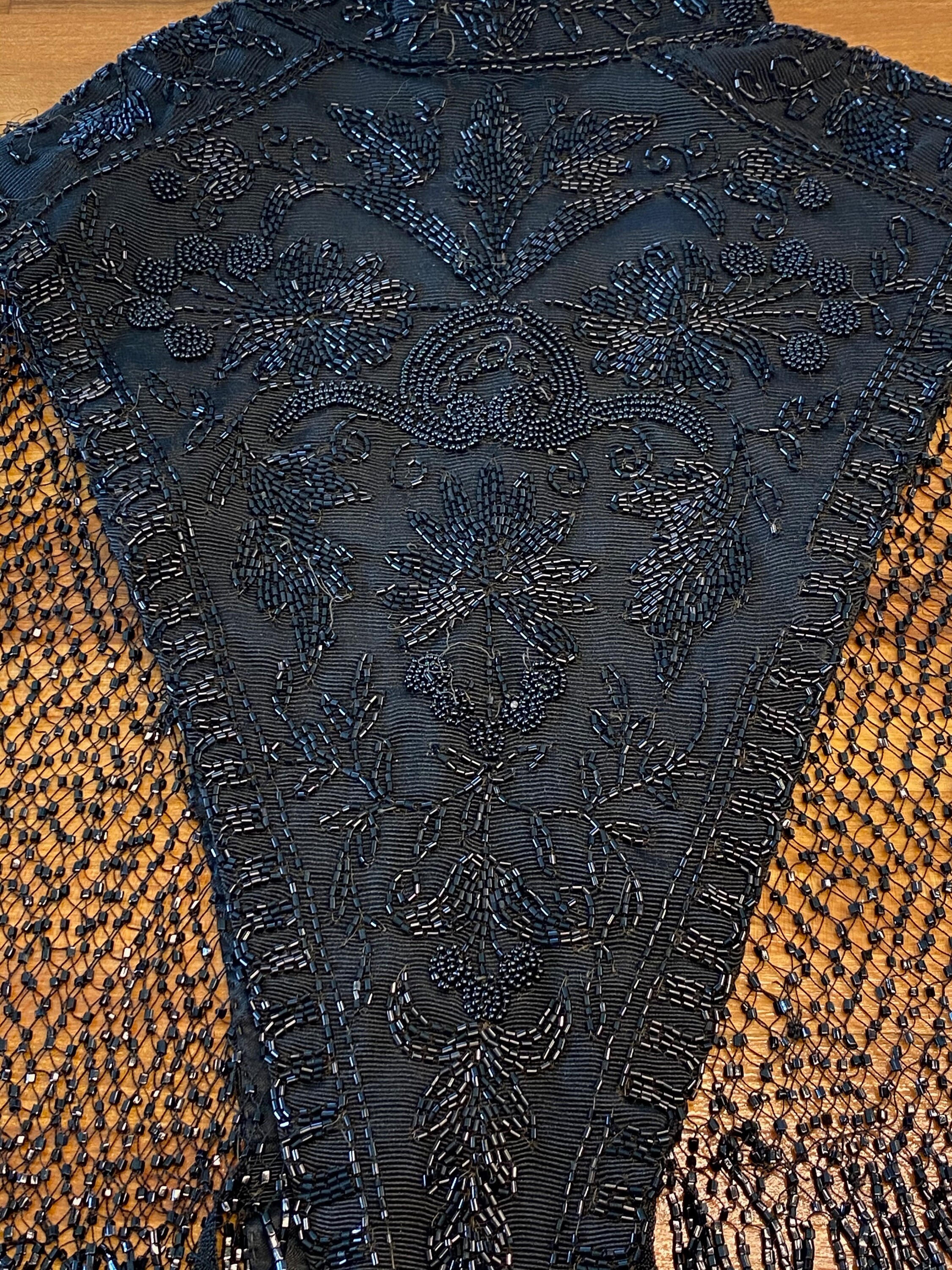 Antique 1880s Victorian Black Beaded Mesh Fringed Mantle Cape