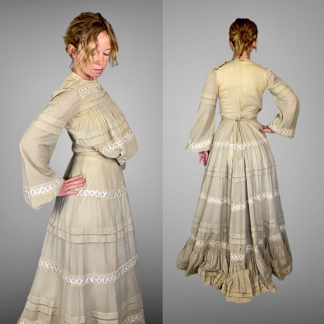 Antique 1900s Gibson Girl Dress, Edwardian Beige Wool Bishop Sleeve ...