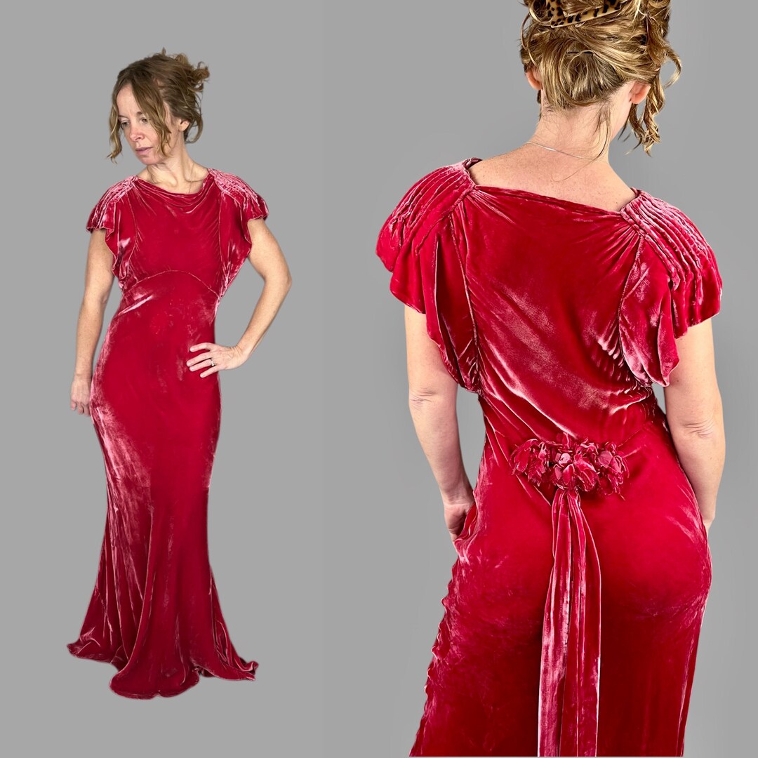 Vintage 1930s Silk Velvet Bias Cut Evening Dress, Raspberry Red Velvet 30s Gown With Back Tails ...