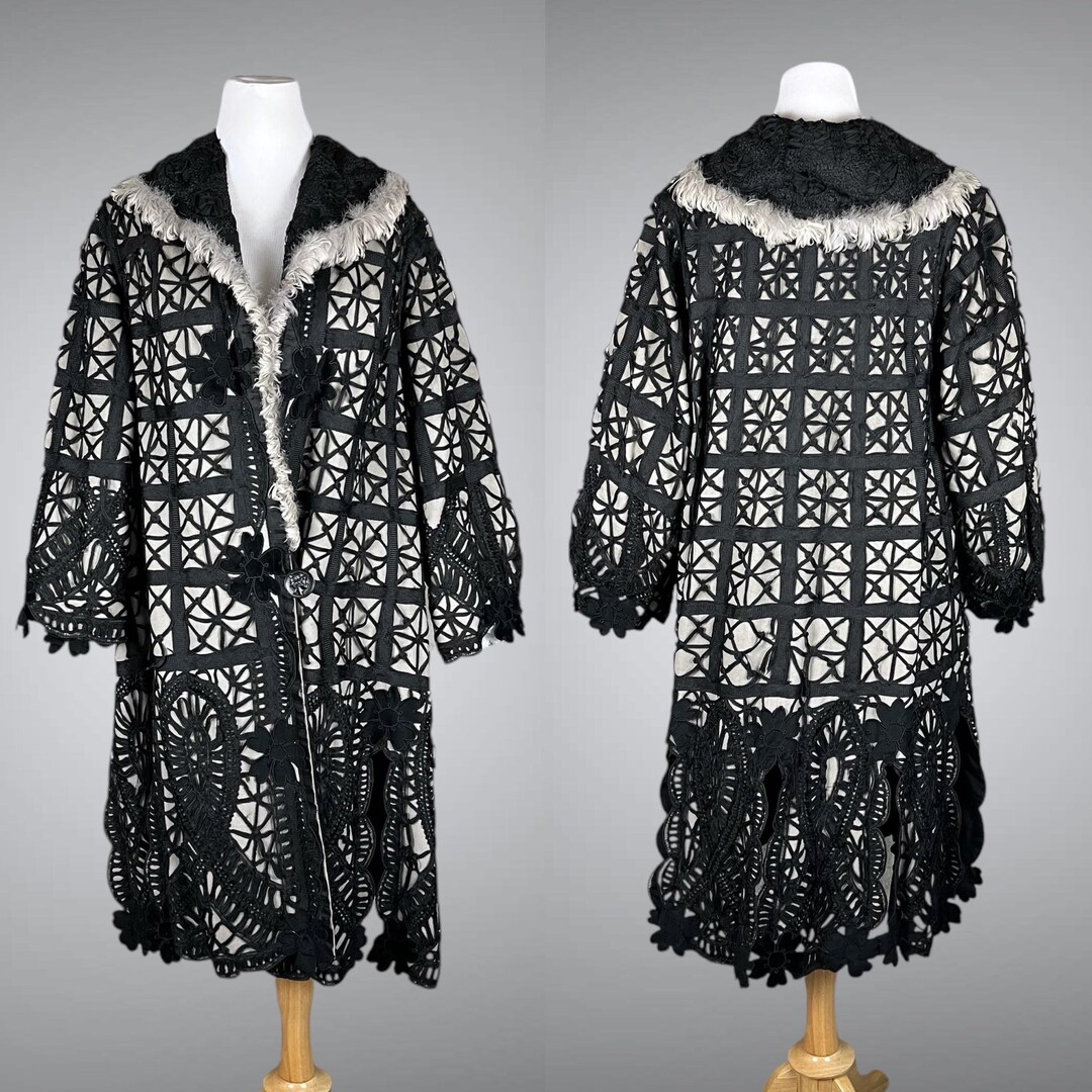 Late 1910s 1920s Feather Trim Wool Soutache Coat, Ornate 20s Black ...