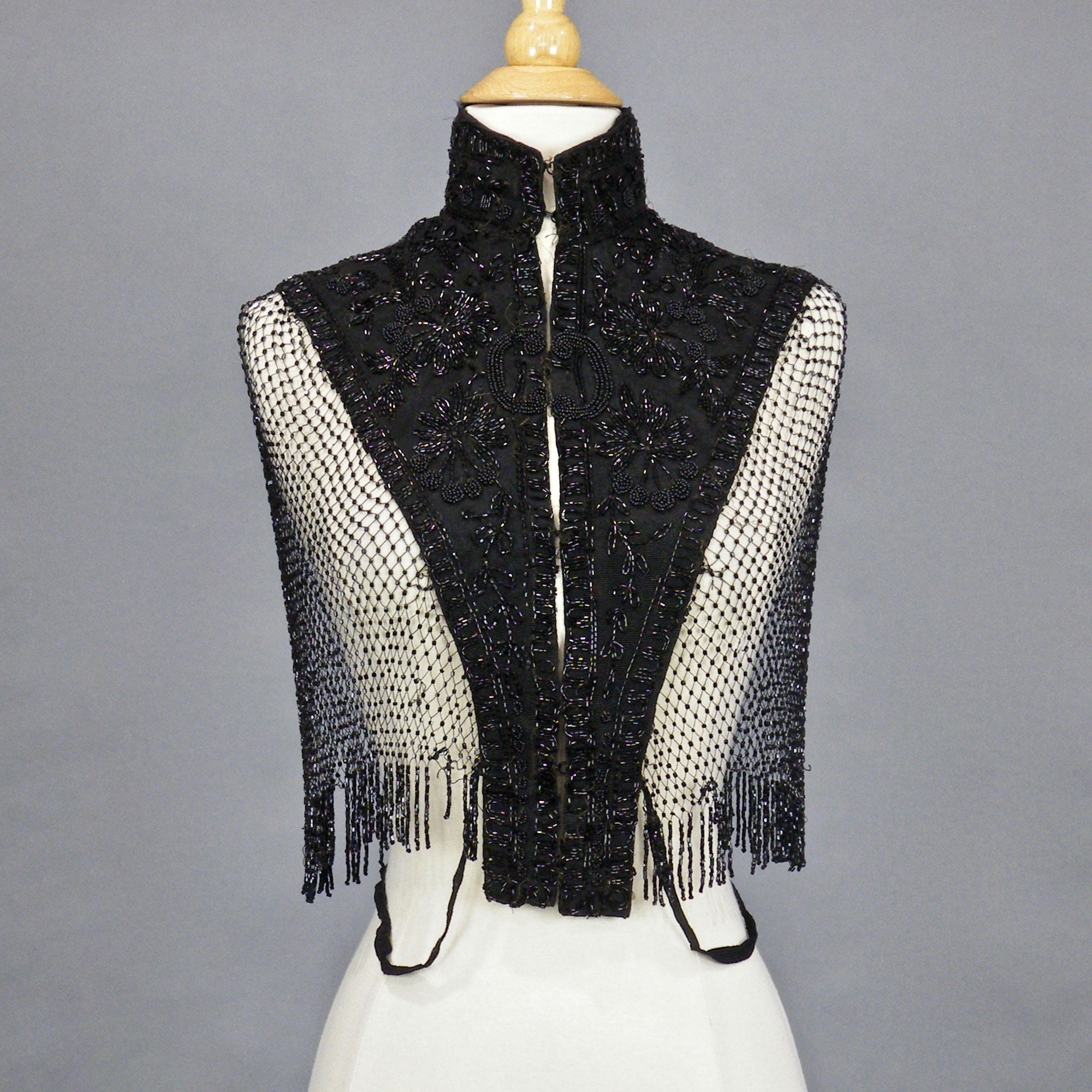 Antique 1880s Victorian Black Beaded Mesh Fringed Mantle Cape