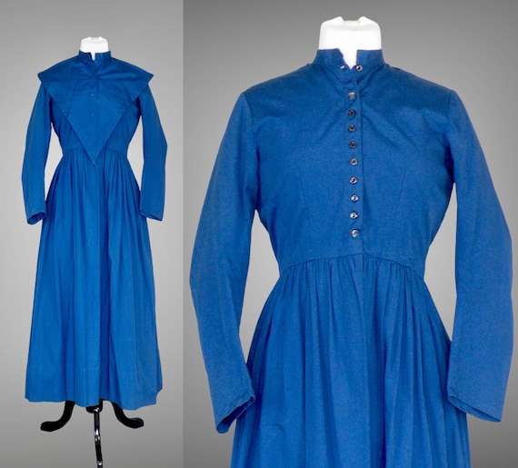 Antique 1900s Blue Mennonite Dress with Split Cape & … - Gem