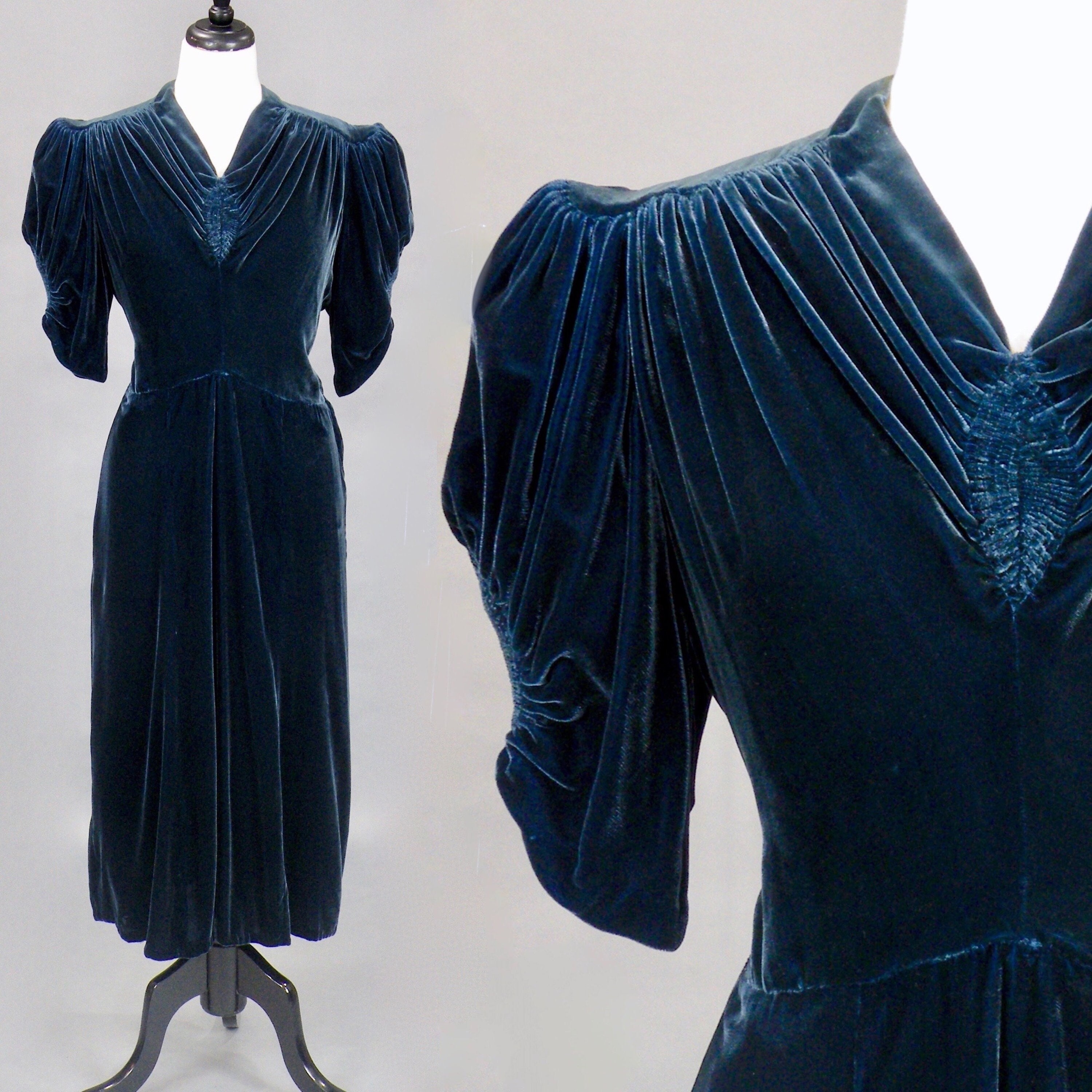 Vintage 1940s Dark Peacock Blue Silk Velvet Dress, 40s Ruched Puff ...