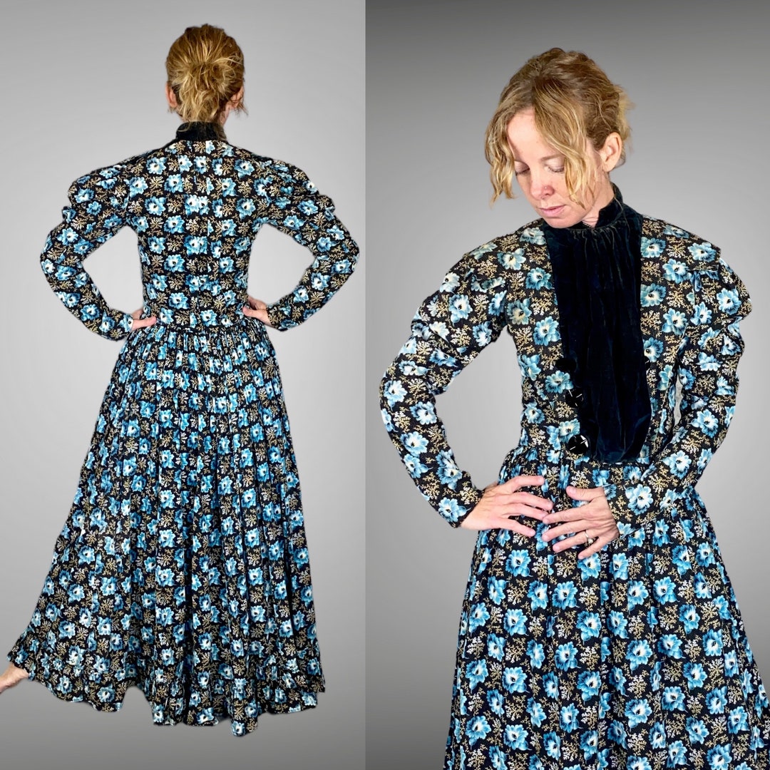 1890s 1900s Victorian Edwardian Blue Floral Print Cotton Dress, Turn of ...