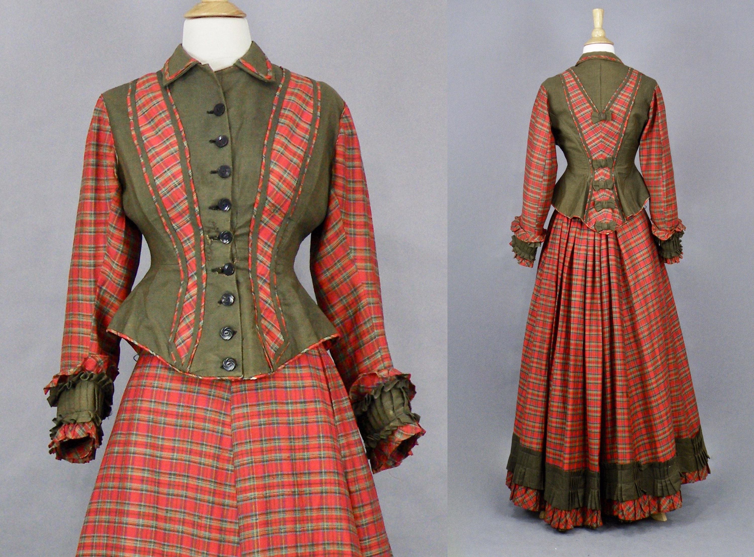 Hold 1870s Victorian Plaid Walking Dress, 19th Century Antique Women's ...