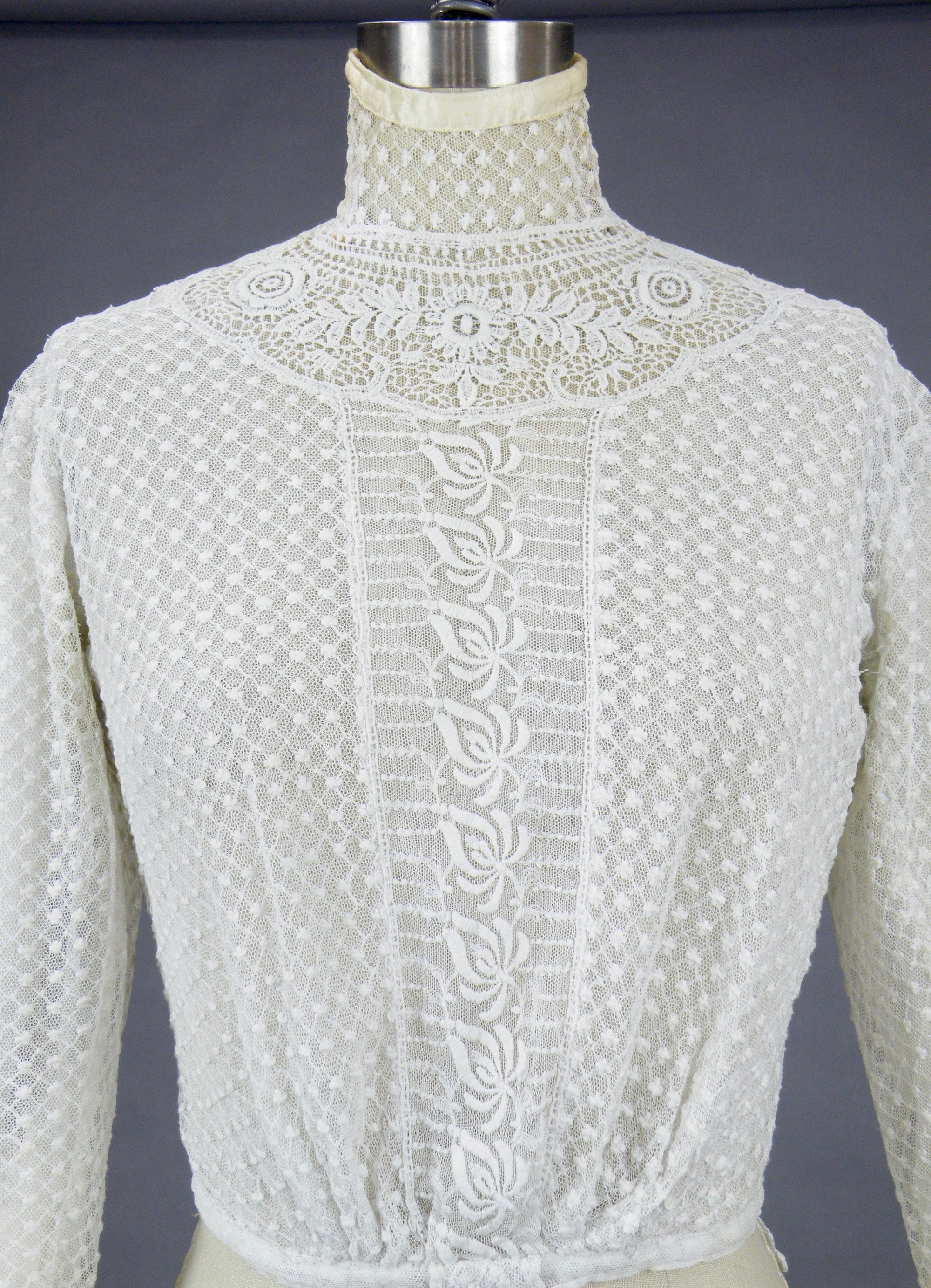 Edwardian Embroidered Net Mixed Lace Antique 1900s Blouse, XS - S