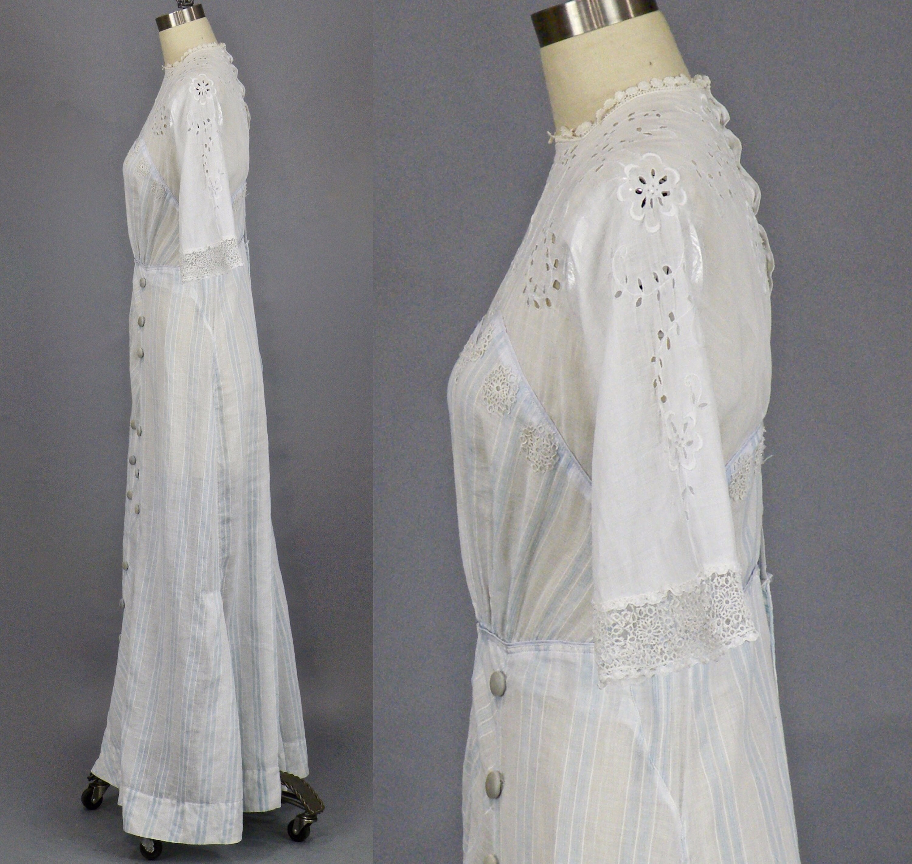 Antique Edwardian Striped White Cotton Eyelet Tea Dress, 1910s Dress ...