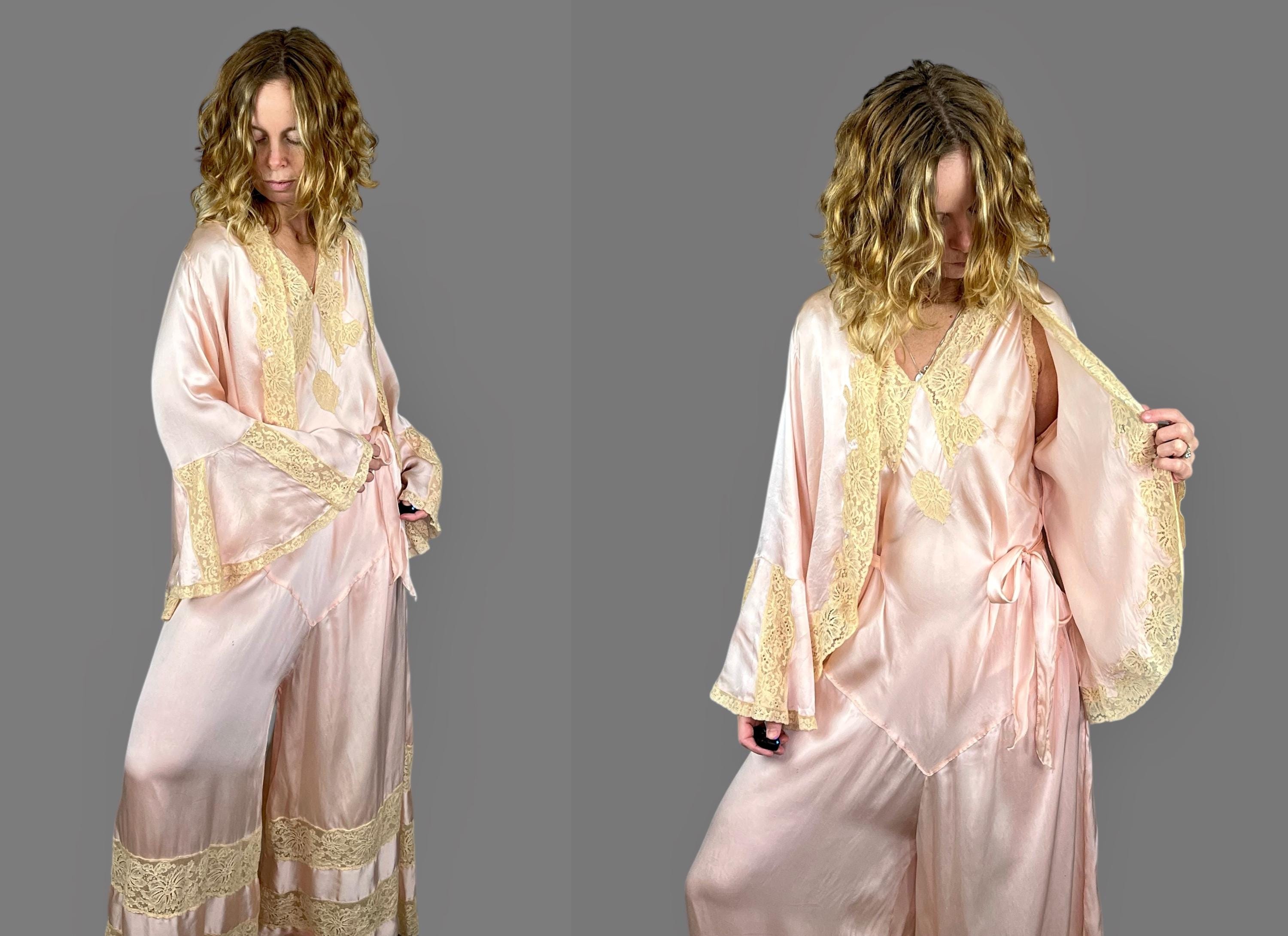 Vintage 1920s 30s Pink Silk Lace Wide Leg Pajamas and Bell Sleeve ...
