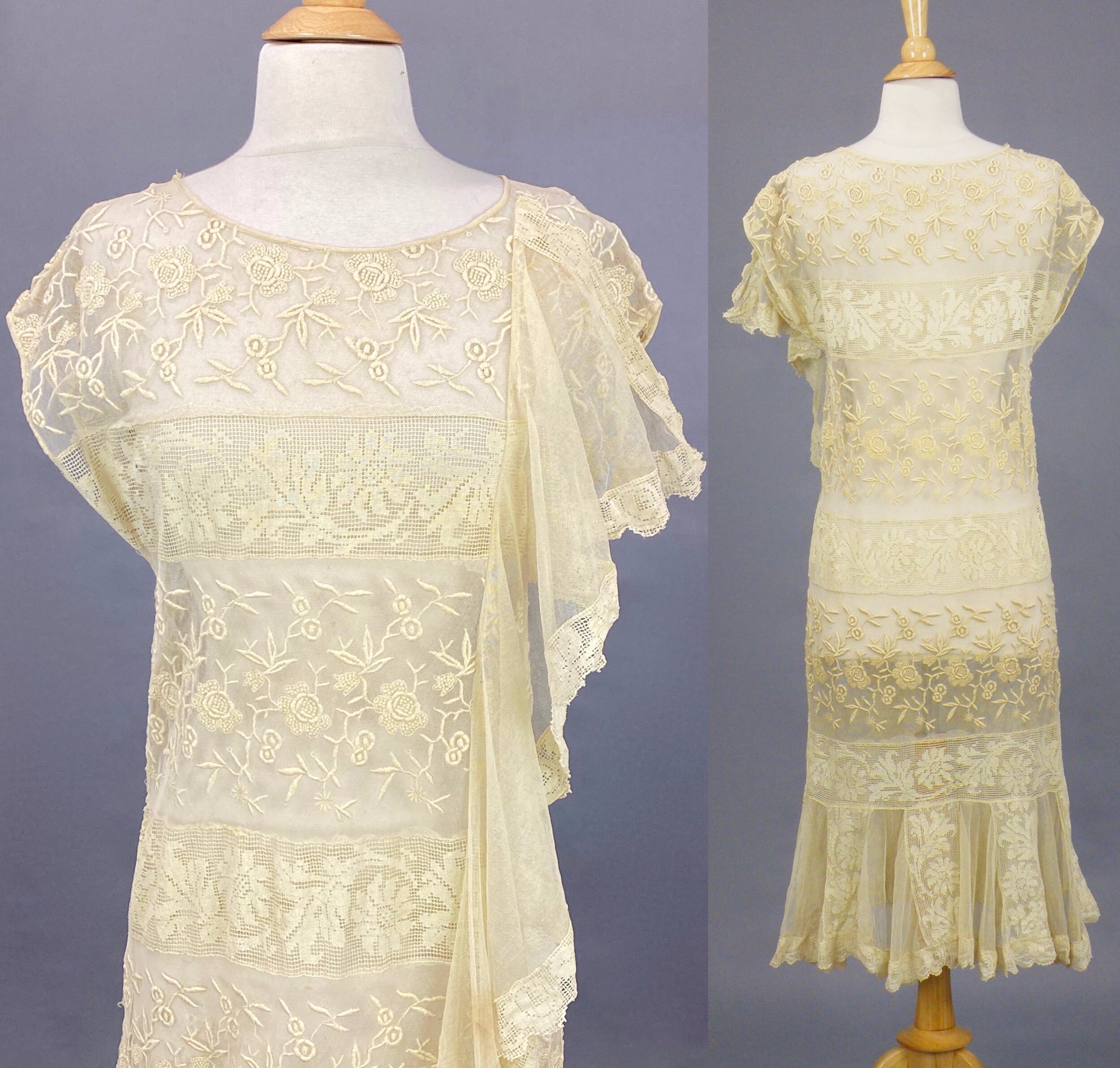Vintage 1920s Floral Embroidered Net Filet Lace Flapper Dress, XS