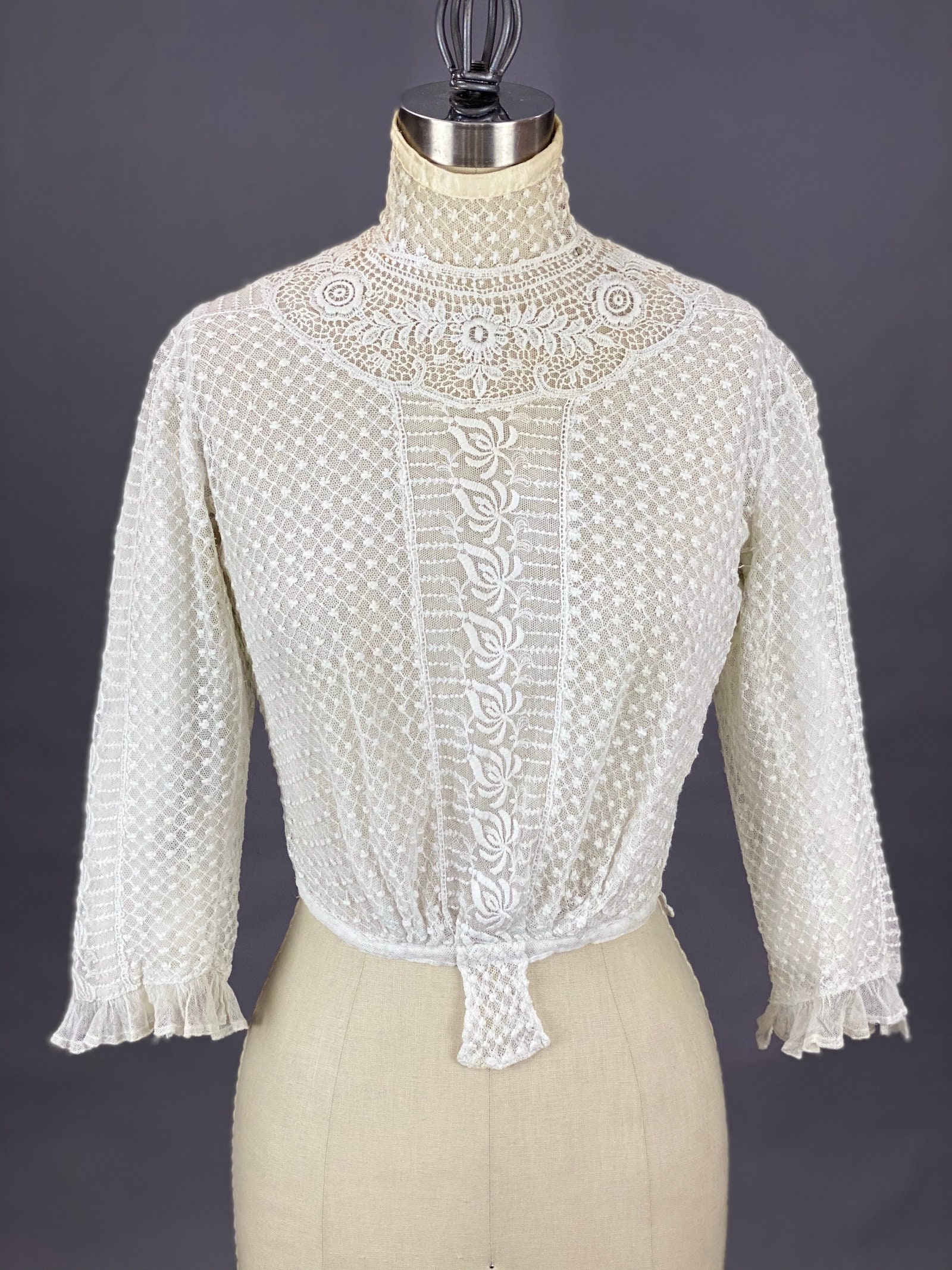Edwardian Embroidered Net Mixed Lace Antique 1900s Blouse, XS - S