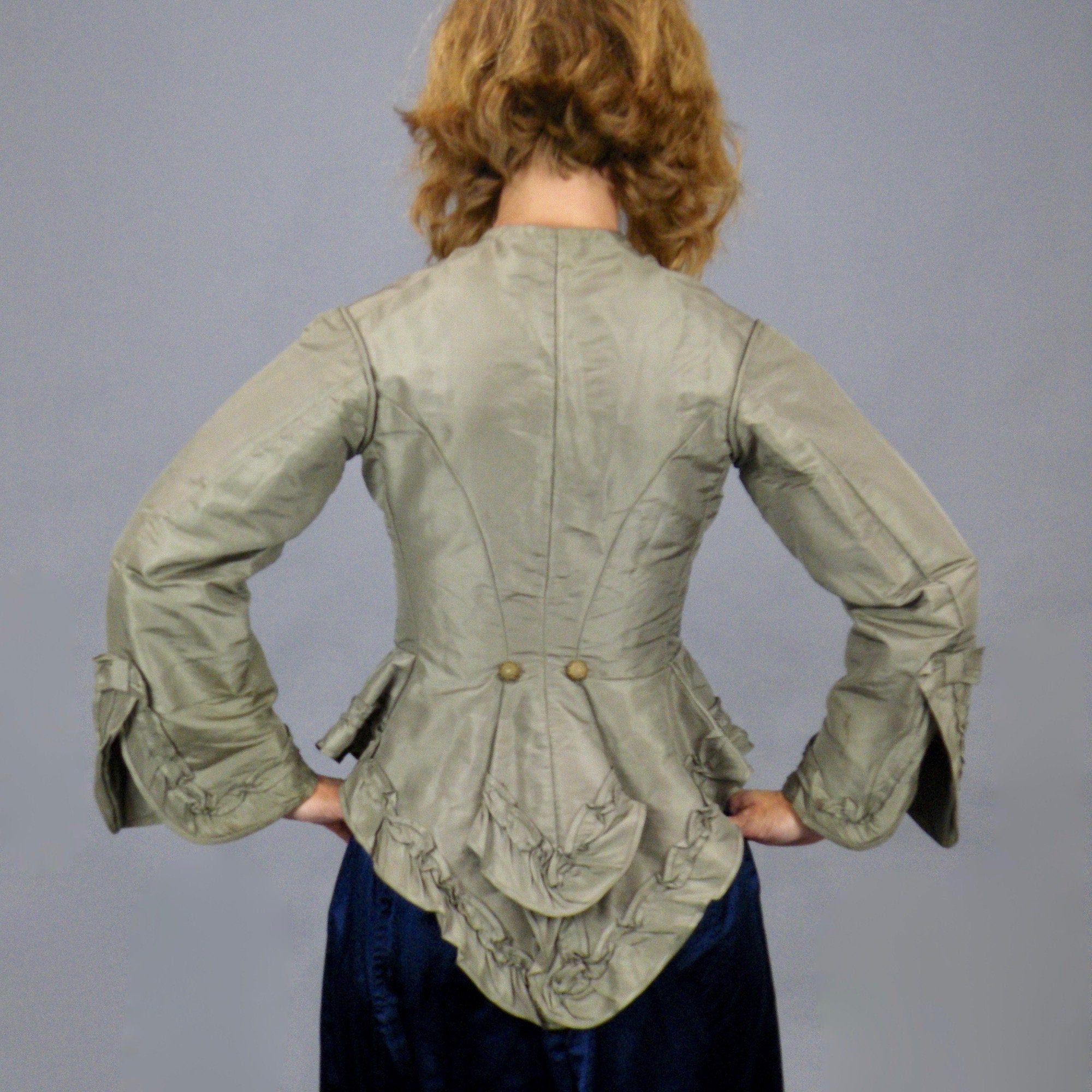 Antique 1870s Victorian Taupe Silk Peplum Bodice Jacket, XXS - XS