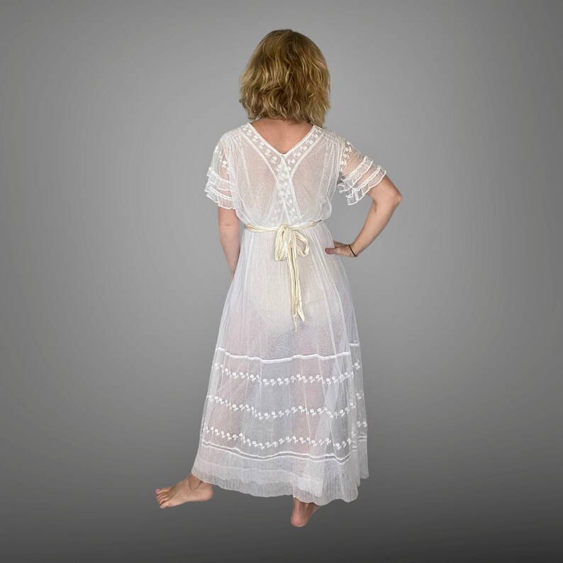 Edwardian White Net Lace Dress, Antique Embroidered Ruffle Sleeve Gown ...