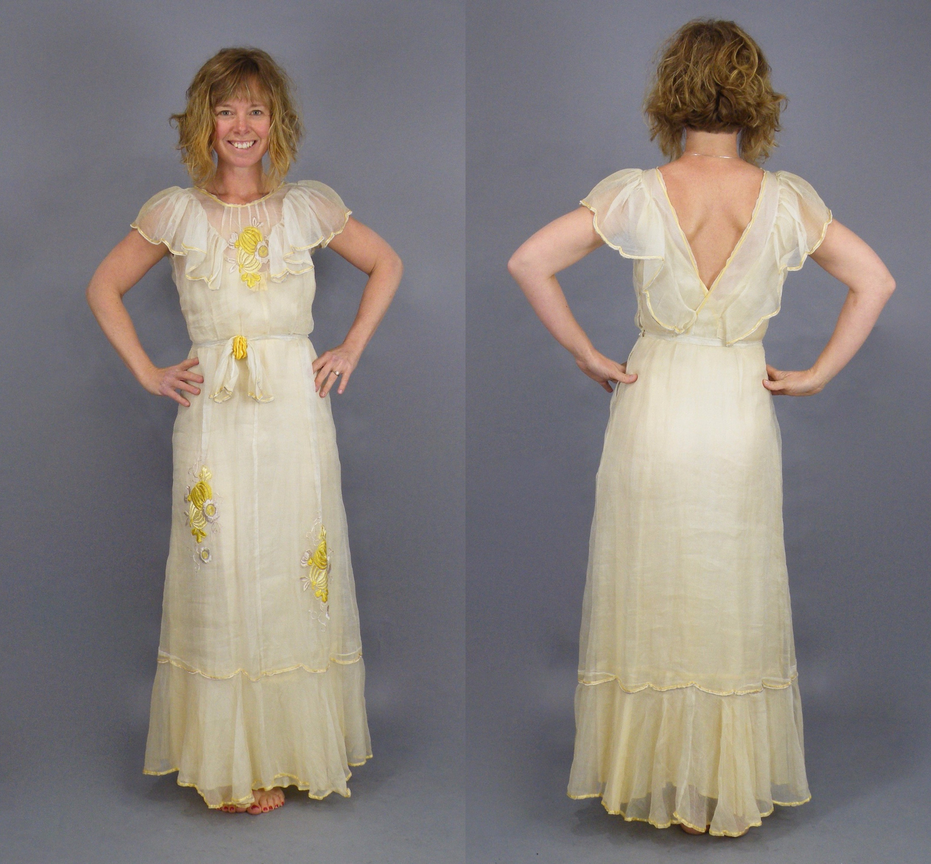 Vintage 1930s Dress, 30s Sheer Floral Embroidered Bias Cut Vintage 1930s Dress, 30s Sheer Floral Embroidered Bias Cut