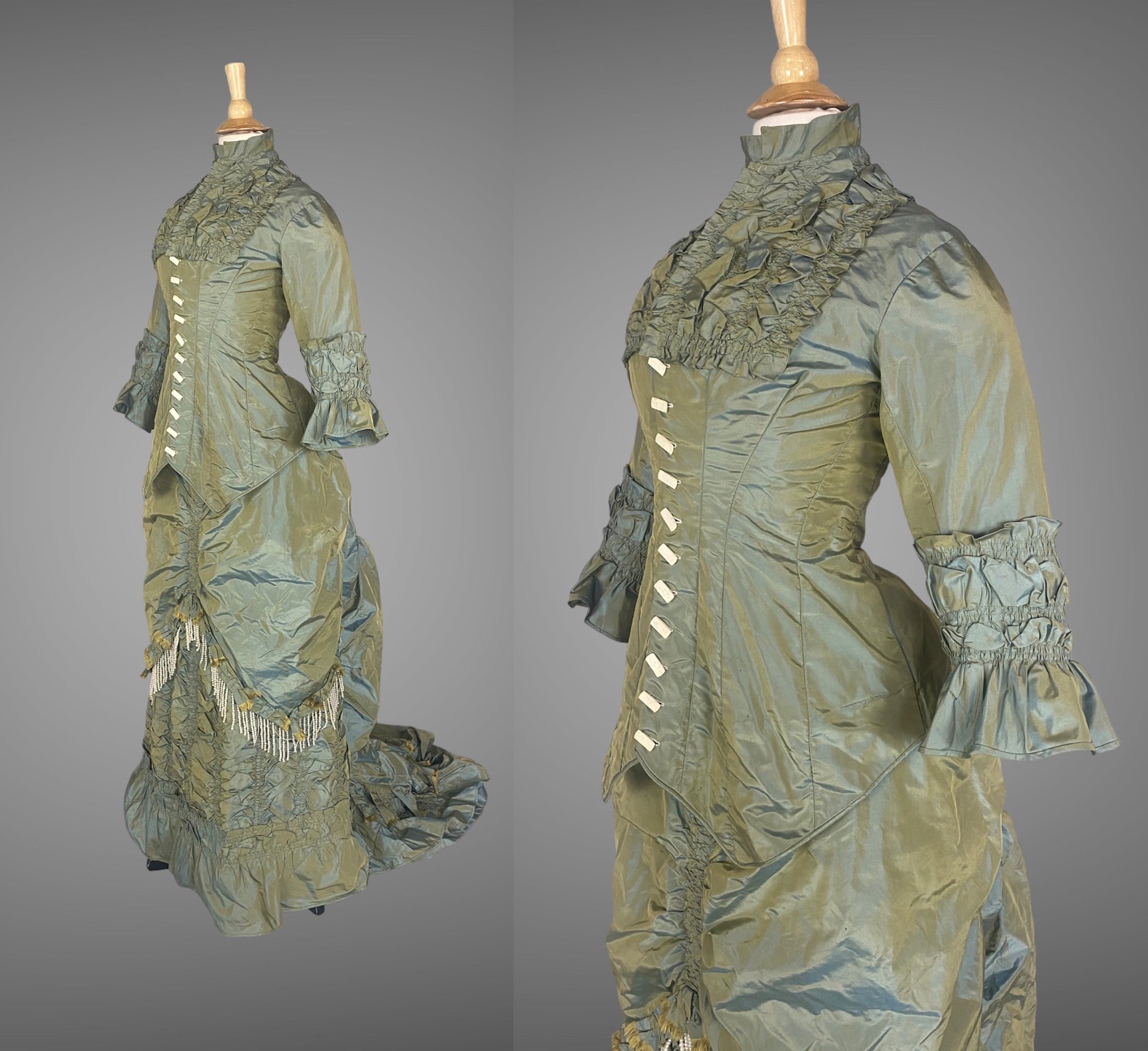 Early 1880s Iridescent Green Silk Natural Form Bustle Dress, 2pc ...