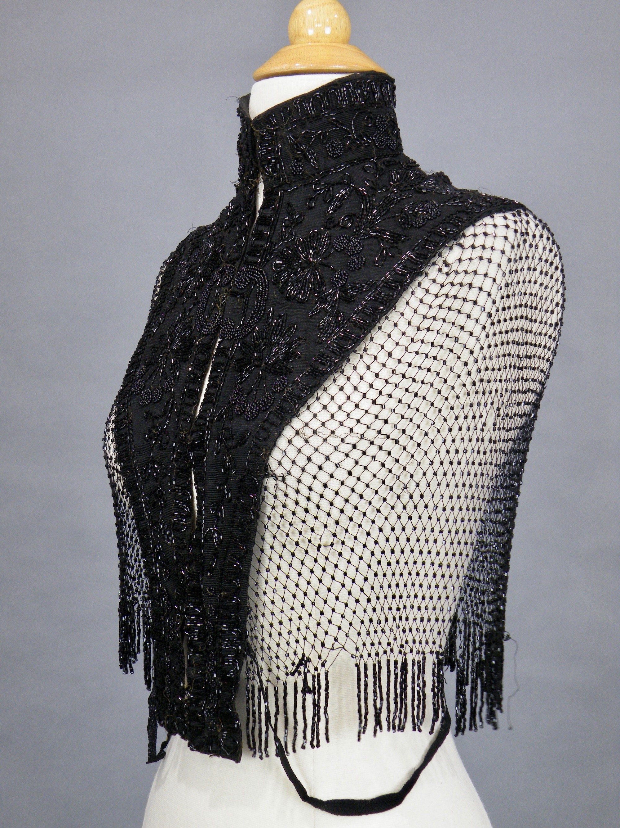Antique 1880s Victorian Black Beaded Mesh Fringed Mantle Cape