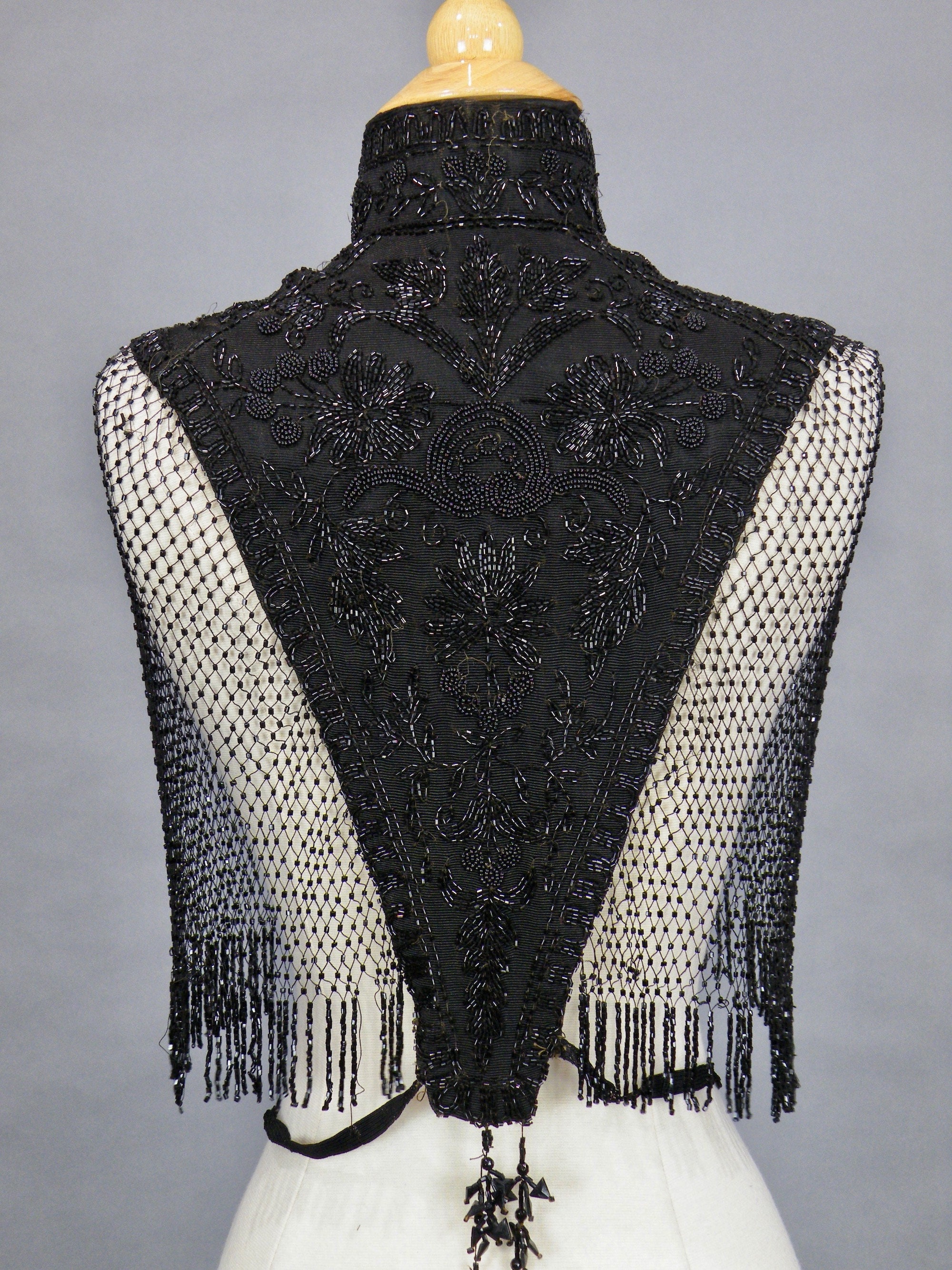 Antique 1880s Victorian Black Beaded Mesh Fringed Mantle Cape