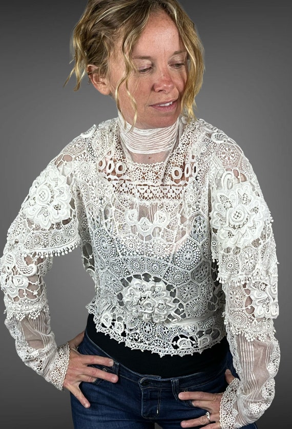 1900s Victorian Edwardian Mixed Lace Blouse, High Nec… - Gem