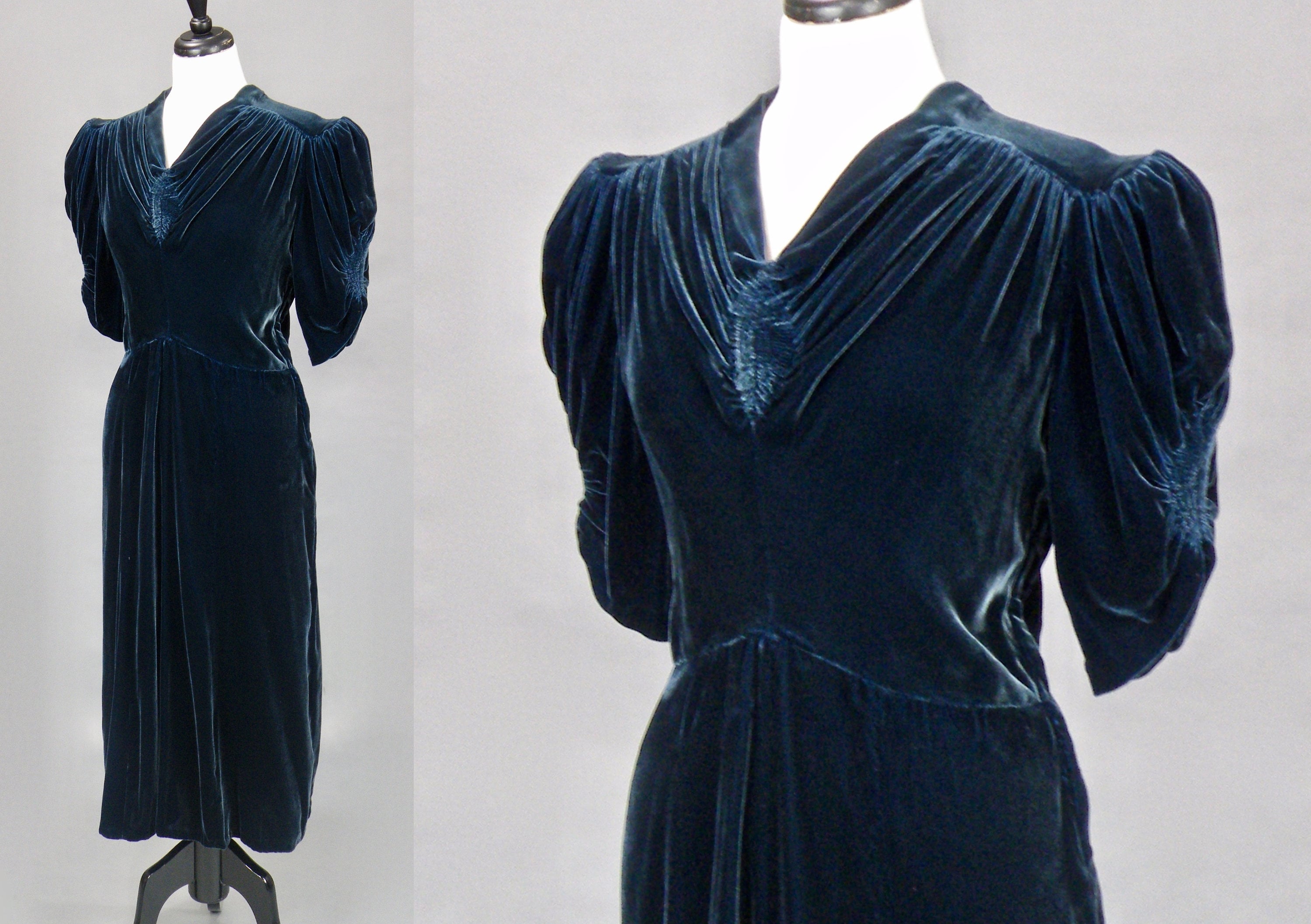 Vintage 1940s Dark Peacock Blue Silk Velvet Dress, 40s Ruched Puff ...