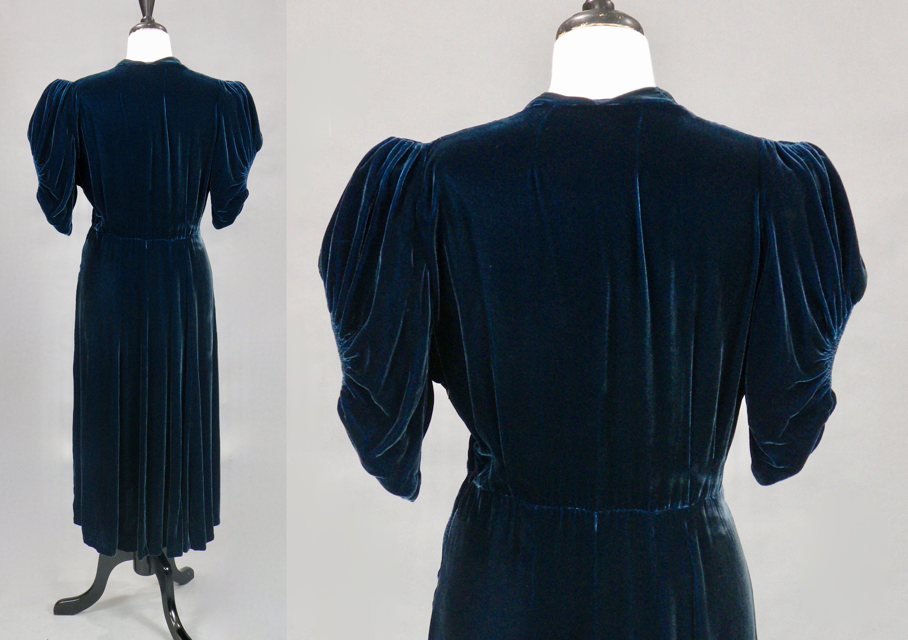 Vintage 1940s Dark Peacock Blue Silk Velvet Dress, 40s Ruched Puff ...