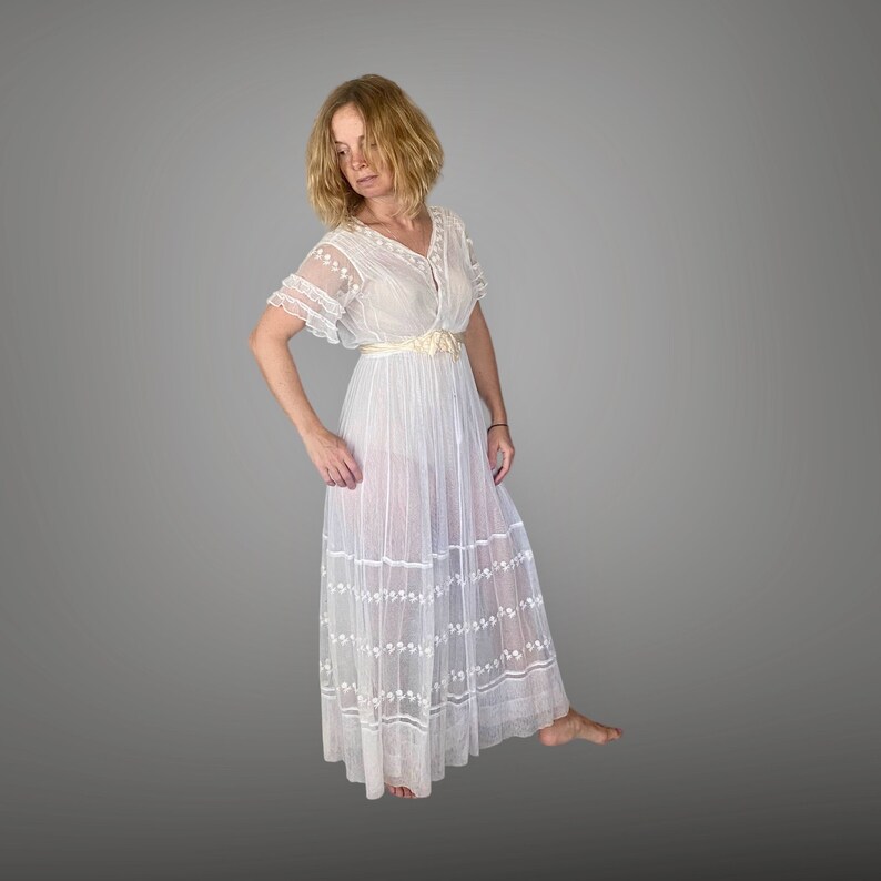 Edwardian White Net Dress, Antique 1910s Embroidered Net Lace Ruffle ...