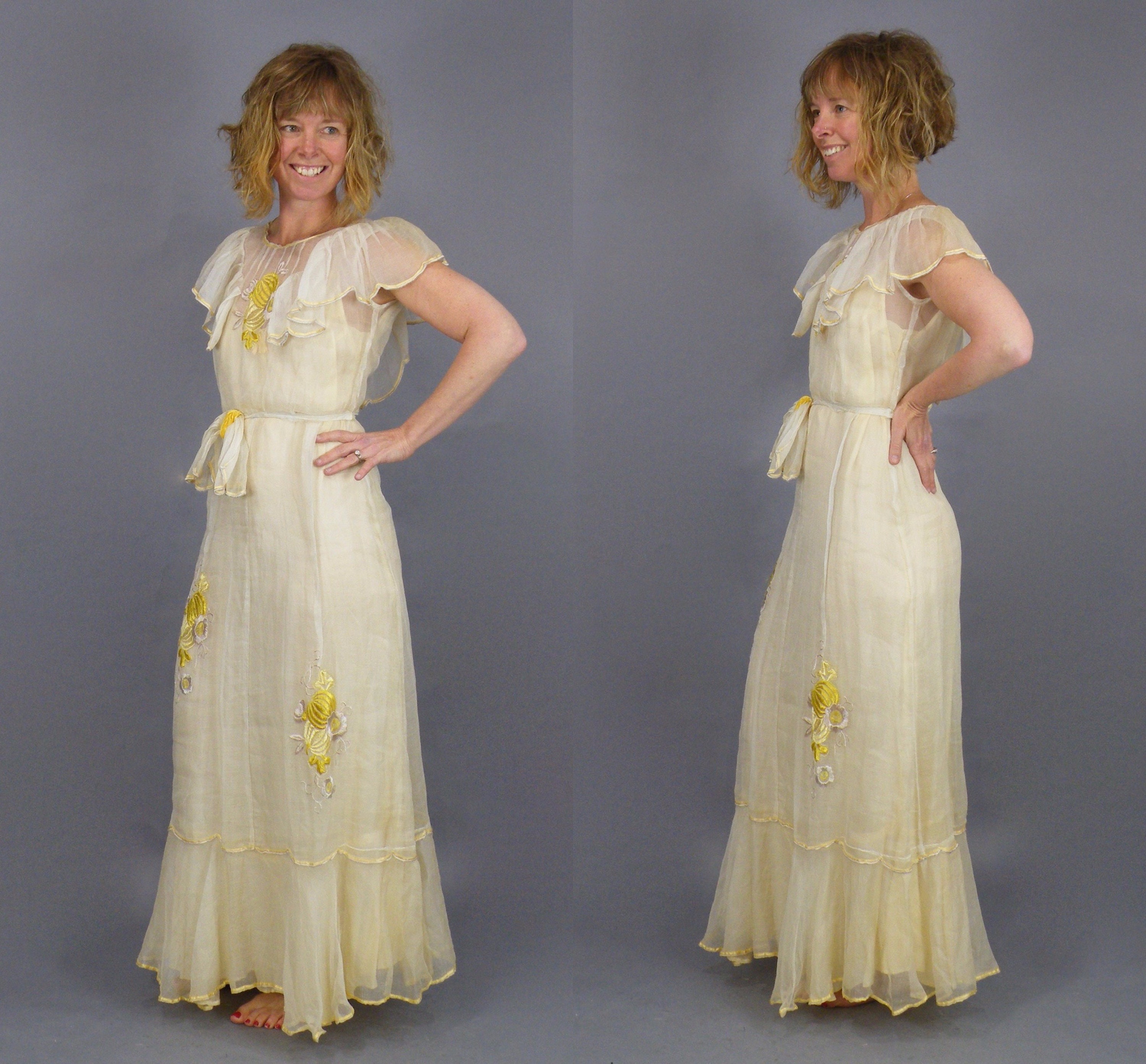 1930s Dress Vintage 30s Sheer Floral Embroidered Organdy Bias Cut