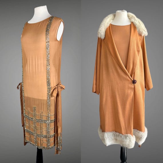Rare Vintage 1920s Beaded Flapper Dress and Fur Trim … - Gem