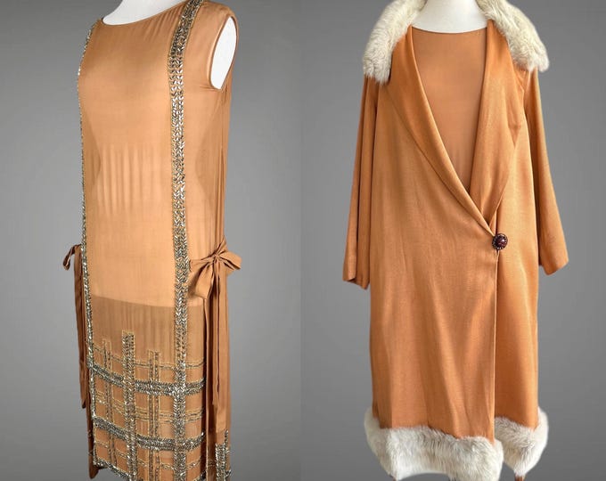 Rare Vintage 1920s Beaded Flapper Dress and Fur Trim Cocoon Coat, 20s ...