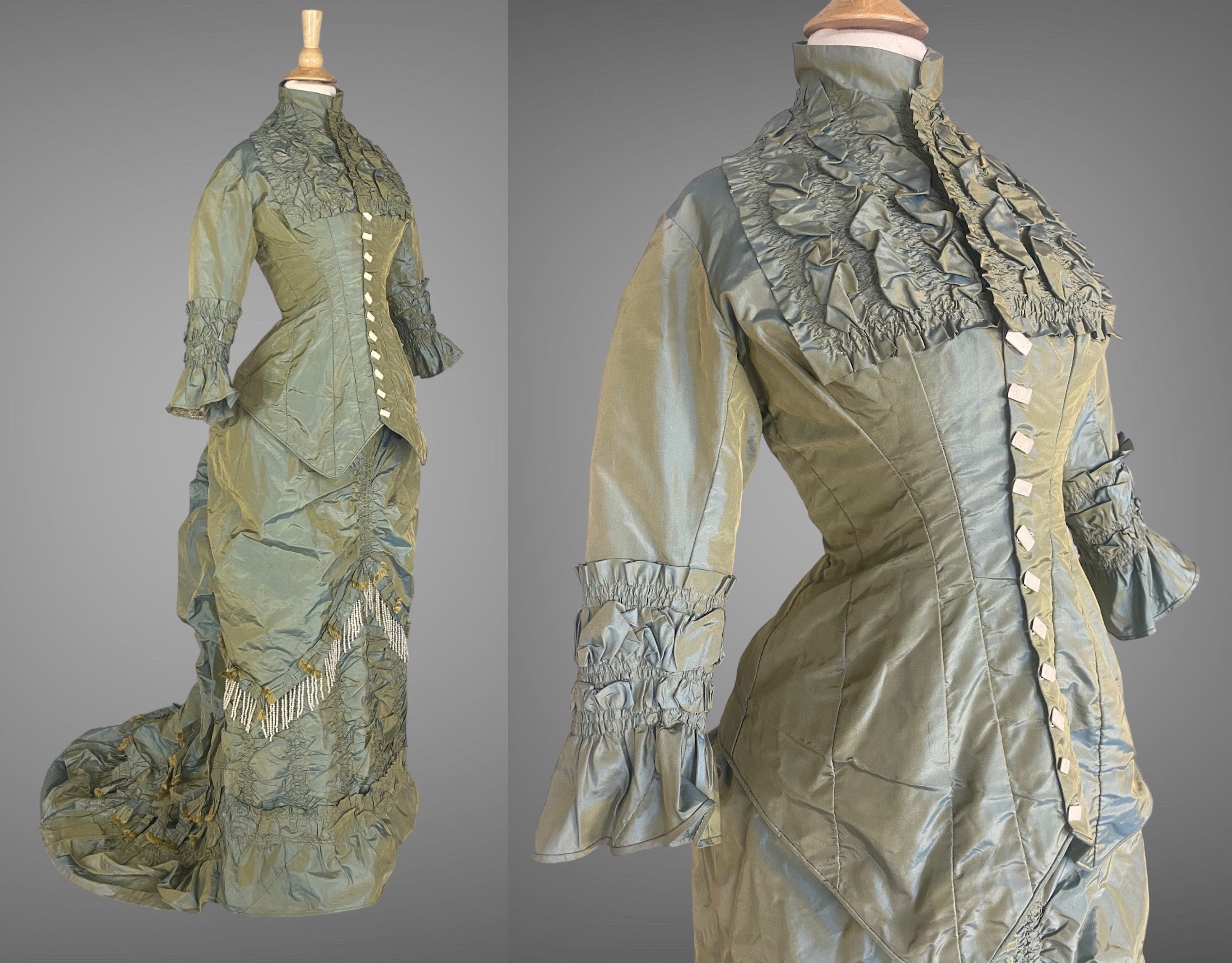 Early 1880s Iridescent Green Silk Natural Form Bustle Dress, 2pc ...