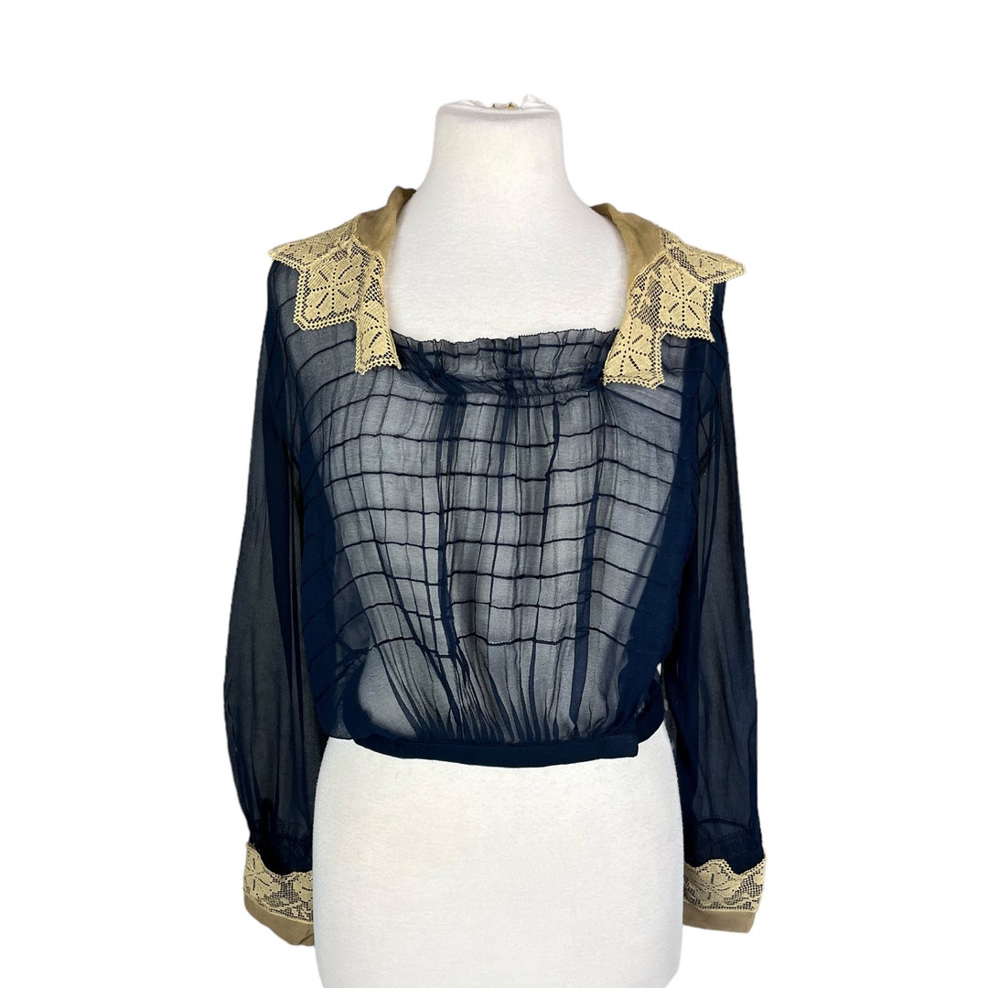 1920s Blouse, Vintage 20s Sheer Top, Navy Silk Chiffon Blouse with Ecru ...
