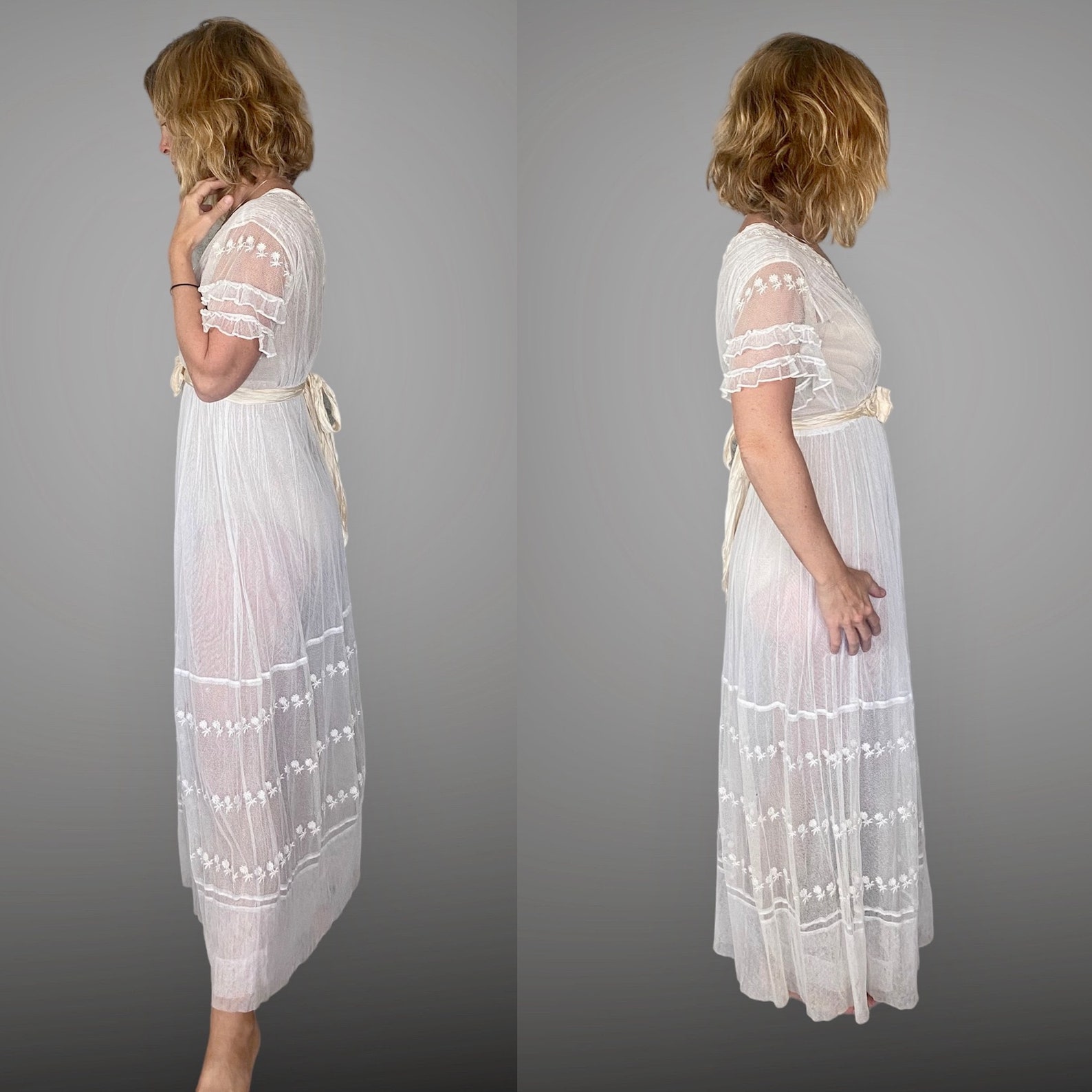 Edwardian White Net Lace Dress, Antique Embroidered Ruffle Sleeve Gown ...