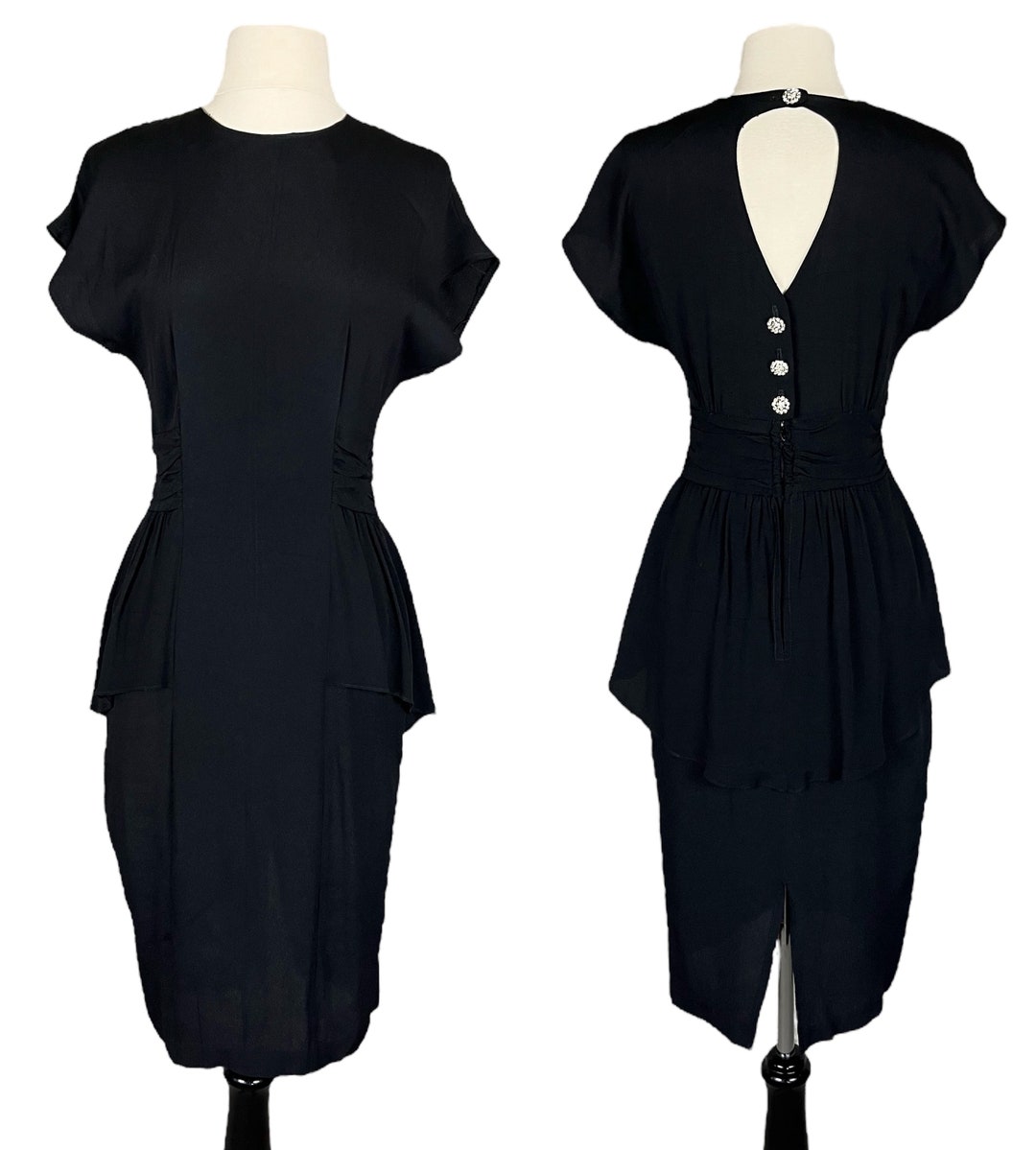 Vintage 1940s Dress, Open Back Black Rayon Crepe 40s Peplum Dress, LBD ...