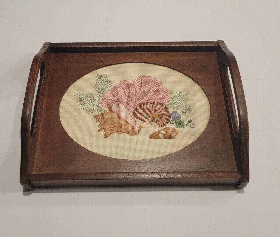 Vintage Wood & Glass Needlepoint Display Tray 12" X 9" With Seashell ...