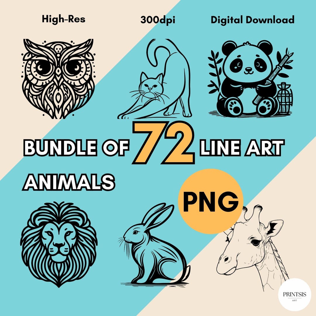 72 Animal Line Art Bundle PNG – Minimalist Animal Clipart, Black and ...