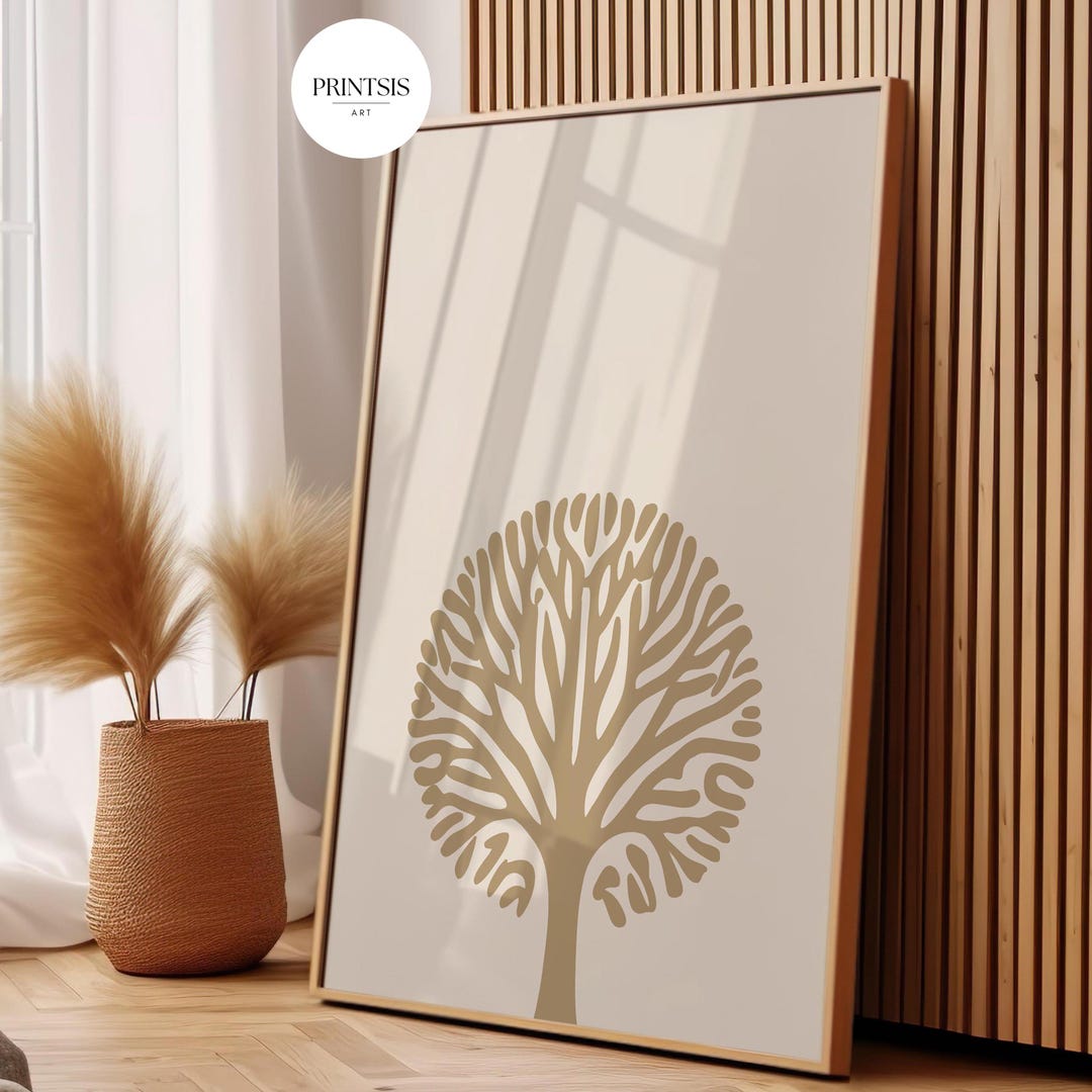 Brown Tree Painting With a Round Crown, Minimalist Design With a Beige ...