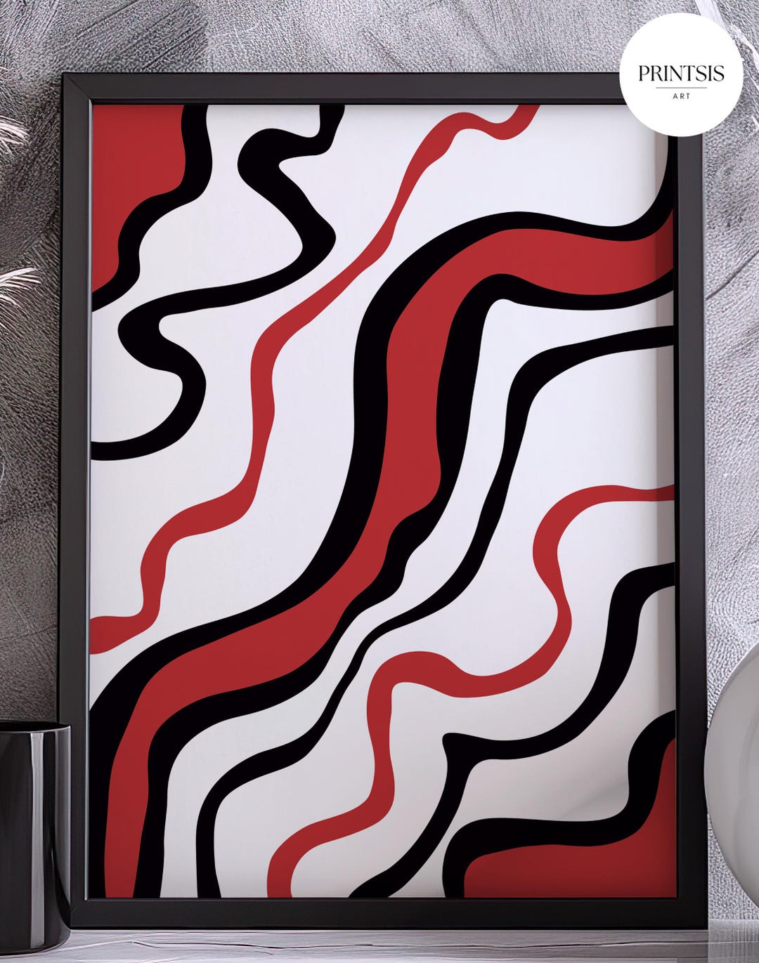 Abstract Curved Lines Art in White, Red, and Black – Minimalist Artwork ...