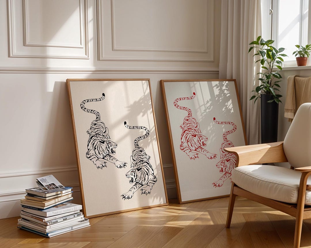 Chinese Tiger Print | Trendy Wall Art | Red - Beige - Etsy