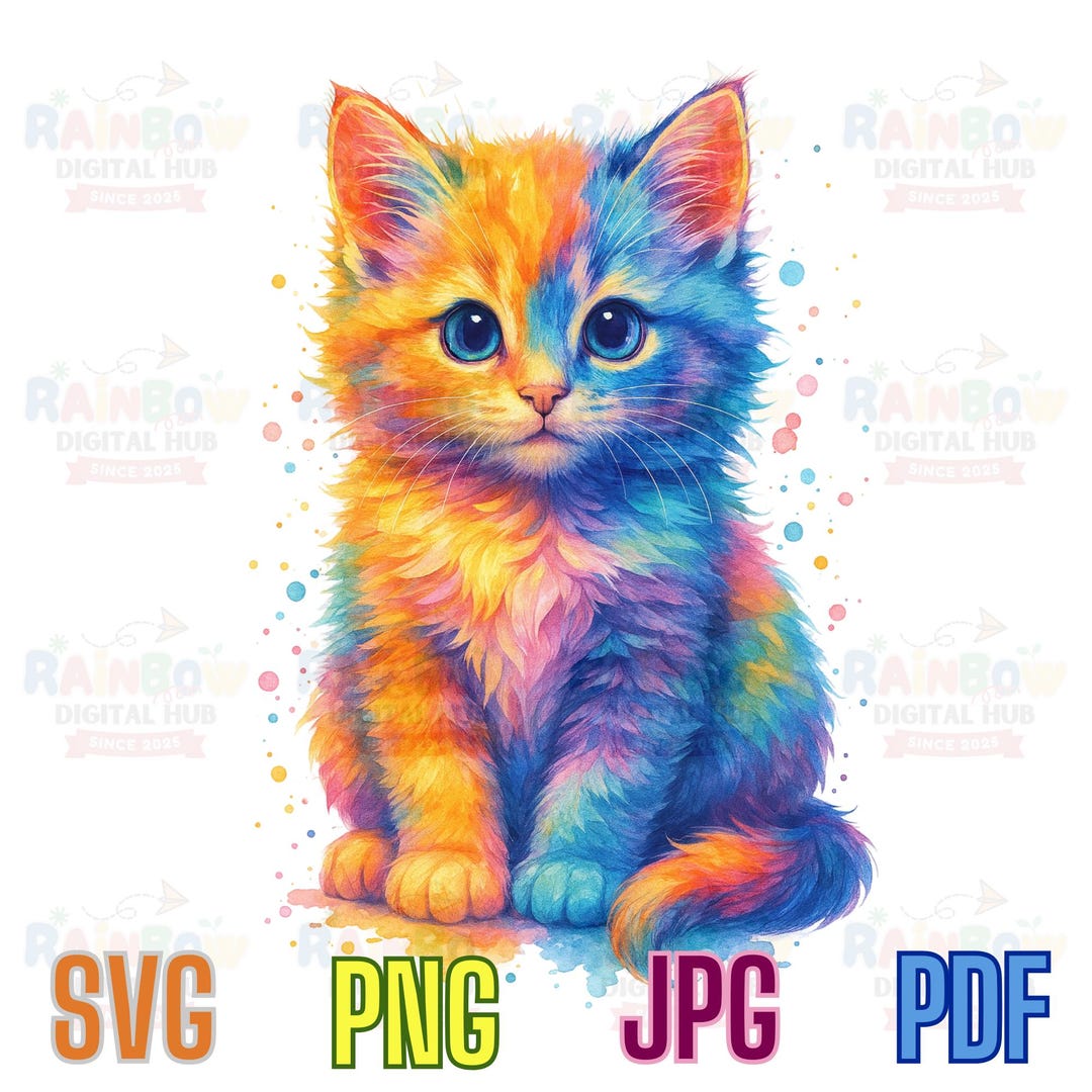 Rainbow Cat Painting Clip Art Sublimation Wall Art Sticker Design - PNG ...