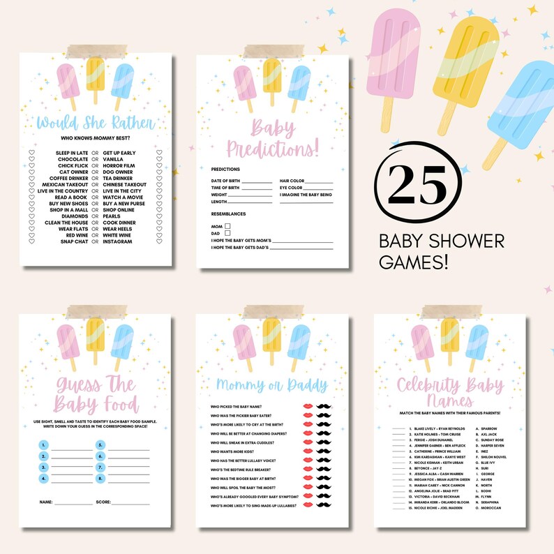 PRINTABLE Popsicle Baby Shower Game Bundle | Gender Neutral Pink & Blue ...
