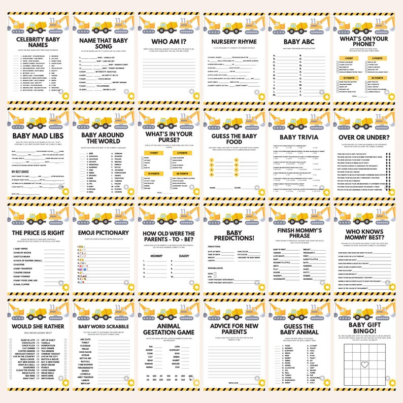 EDITABLE Construction Baby Shower Game Bundle | Baby Under Construction ...