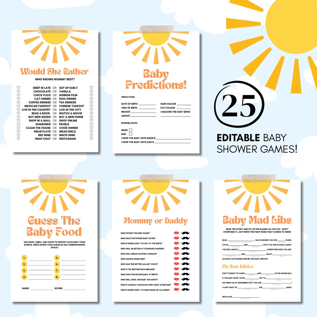 Sunshine Baby Shower Game Bundle, Gender Neutral Yellow Theme, Editable ...
