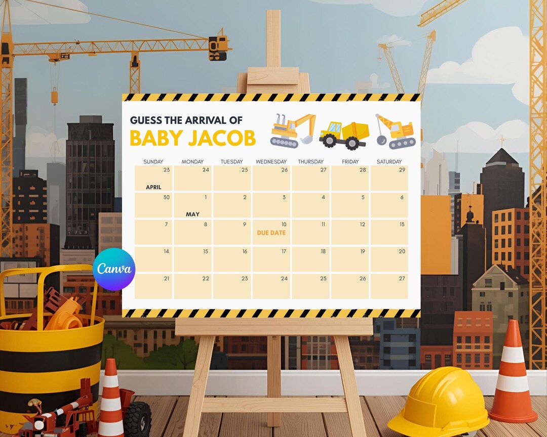 Editable Construction Theme Due Date Calendar Template | Baby Shower ...