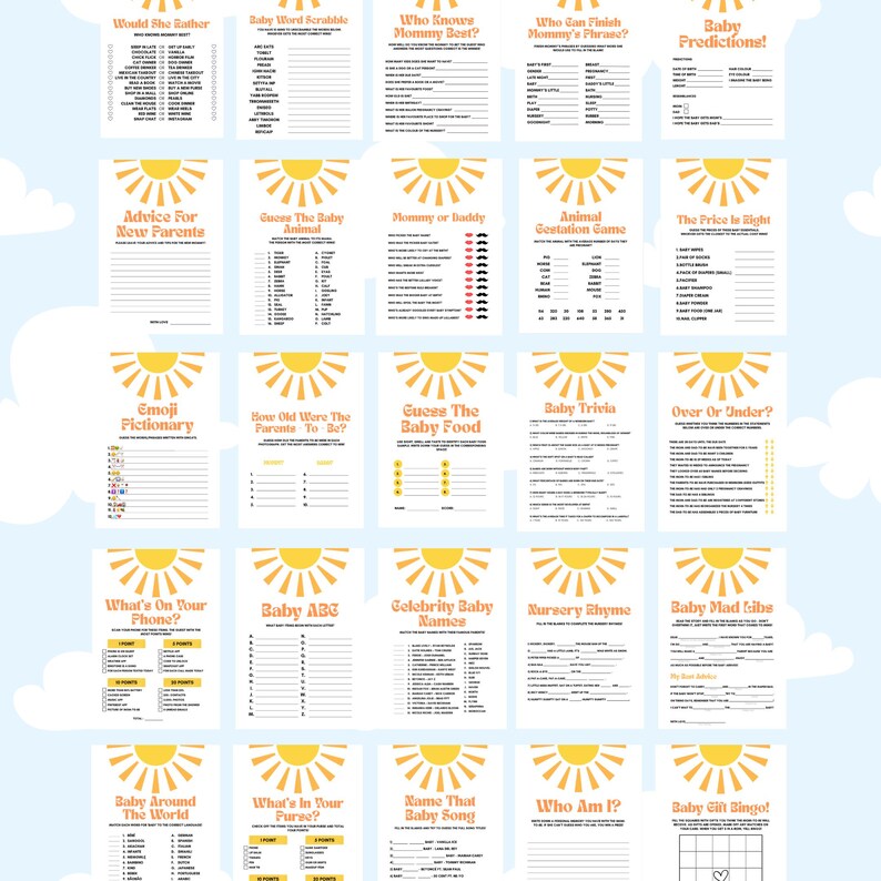 PRINTABLE Sunshine Baby Shower Game Bundle | Gender Neutral Yellow ...