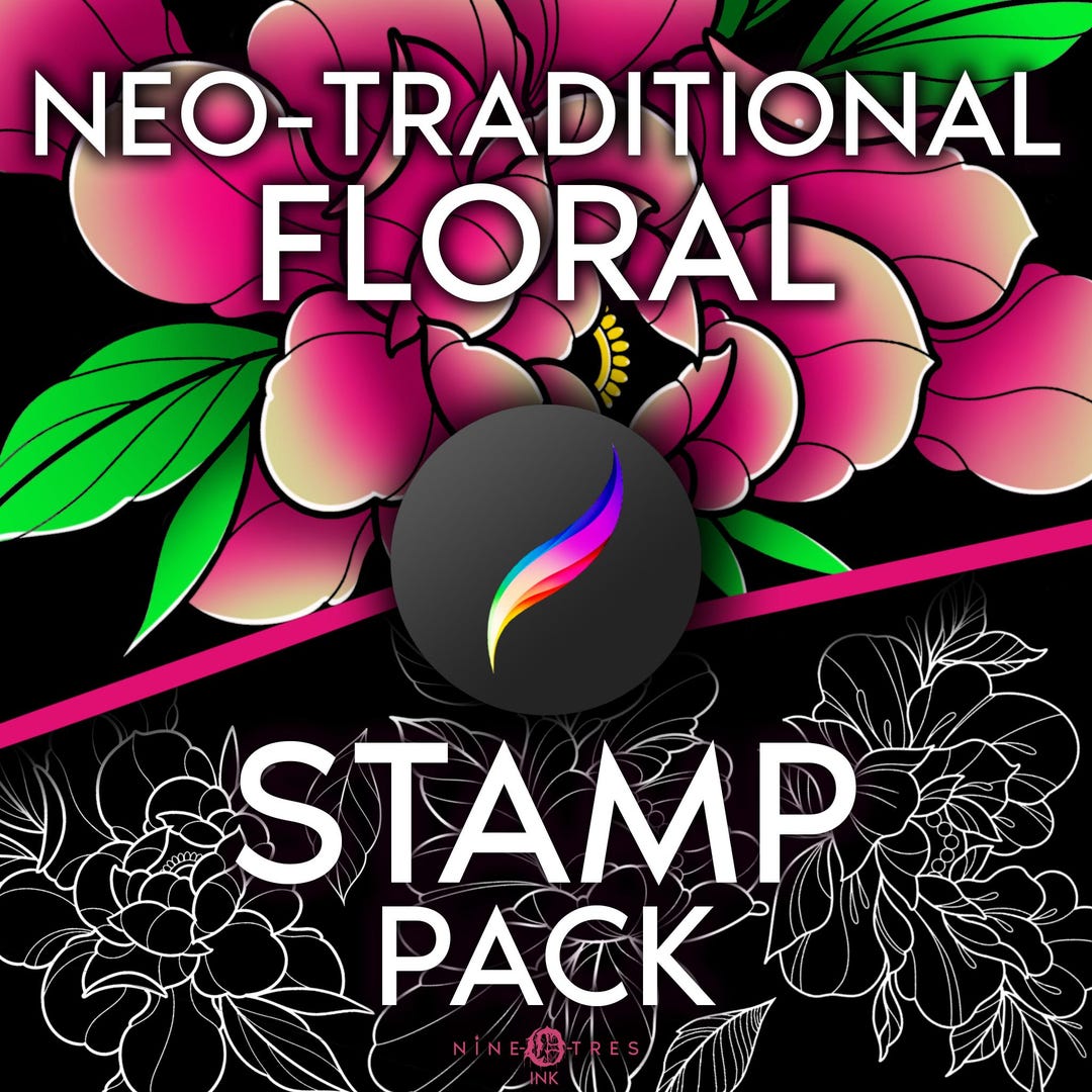 Neo-traditional Flowers & Floral Tattoo Stamp Pack for Procreate - Etsy