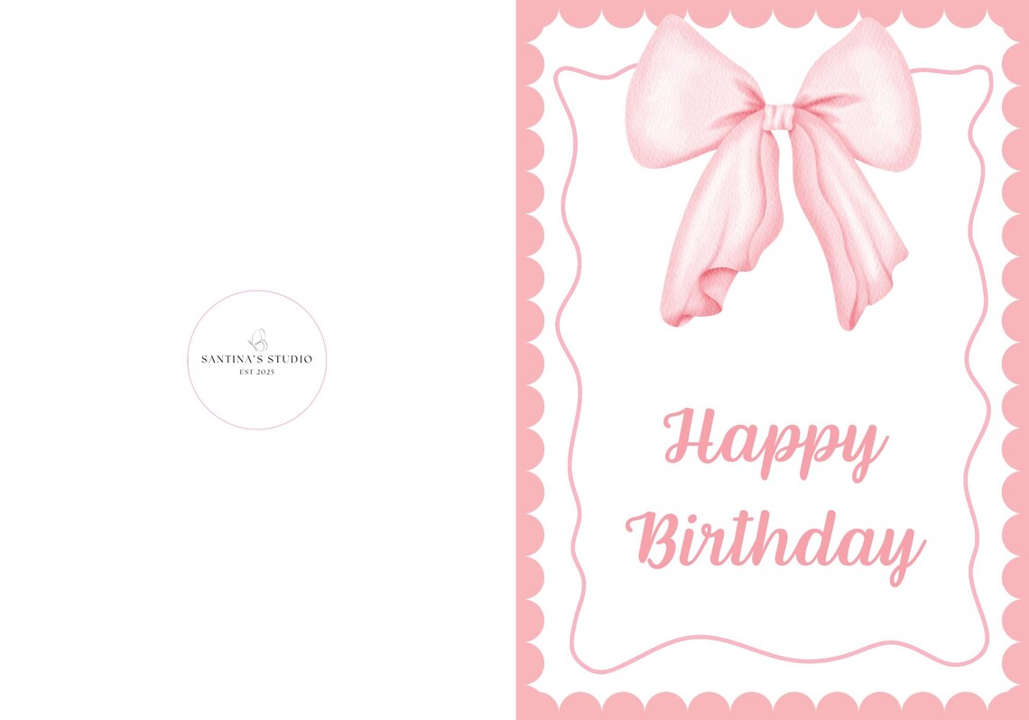 Pink Bow Birthday Card – Minimalist Printable Design (digital Download ...