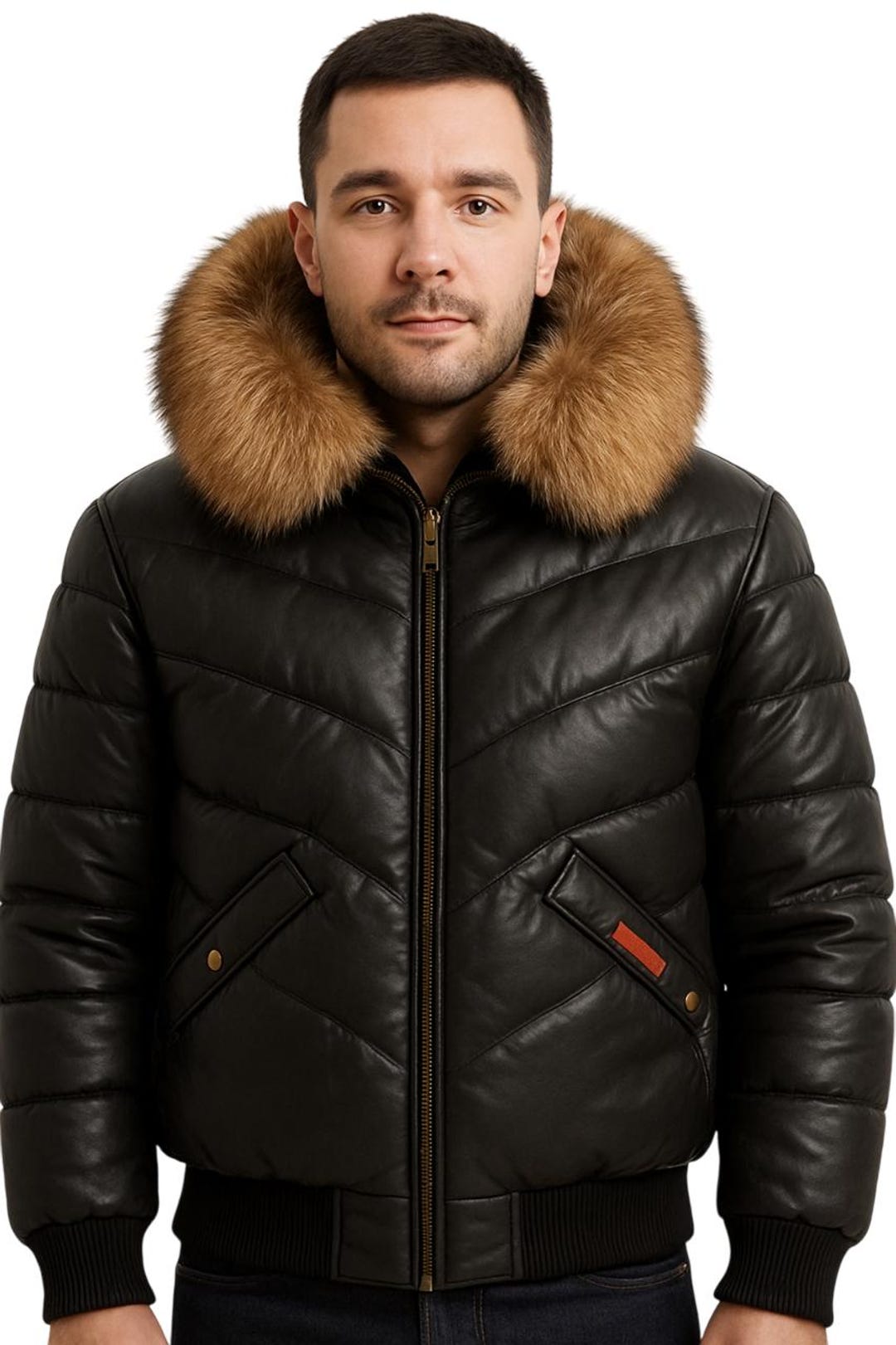 Men’s Puffer Bomber Leather Jacket Vintage Biker Bubble With Shearling ...