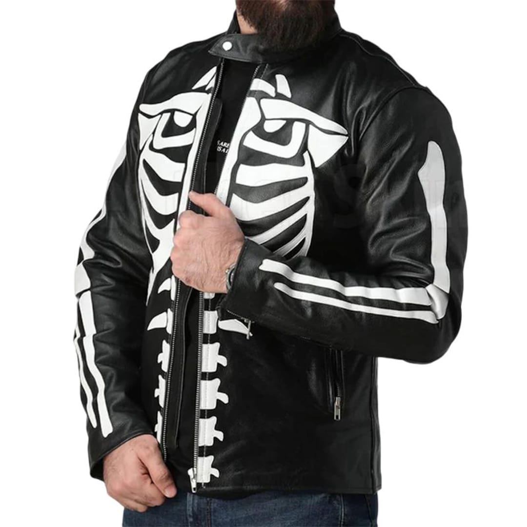 Men’s Skeleton Bones Black Leather Jacket Cafe Racer Motorcycle Skull ...