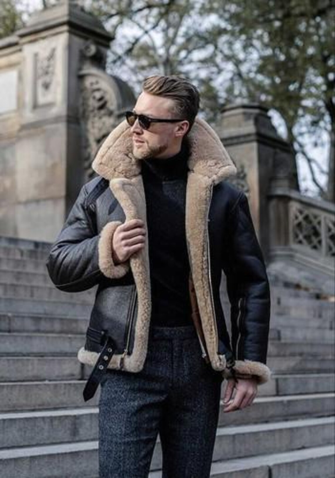 Men's B3 RAF Bomber Black Aviator Flying Fur Jacket Coat Genuine ...