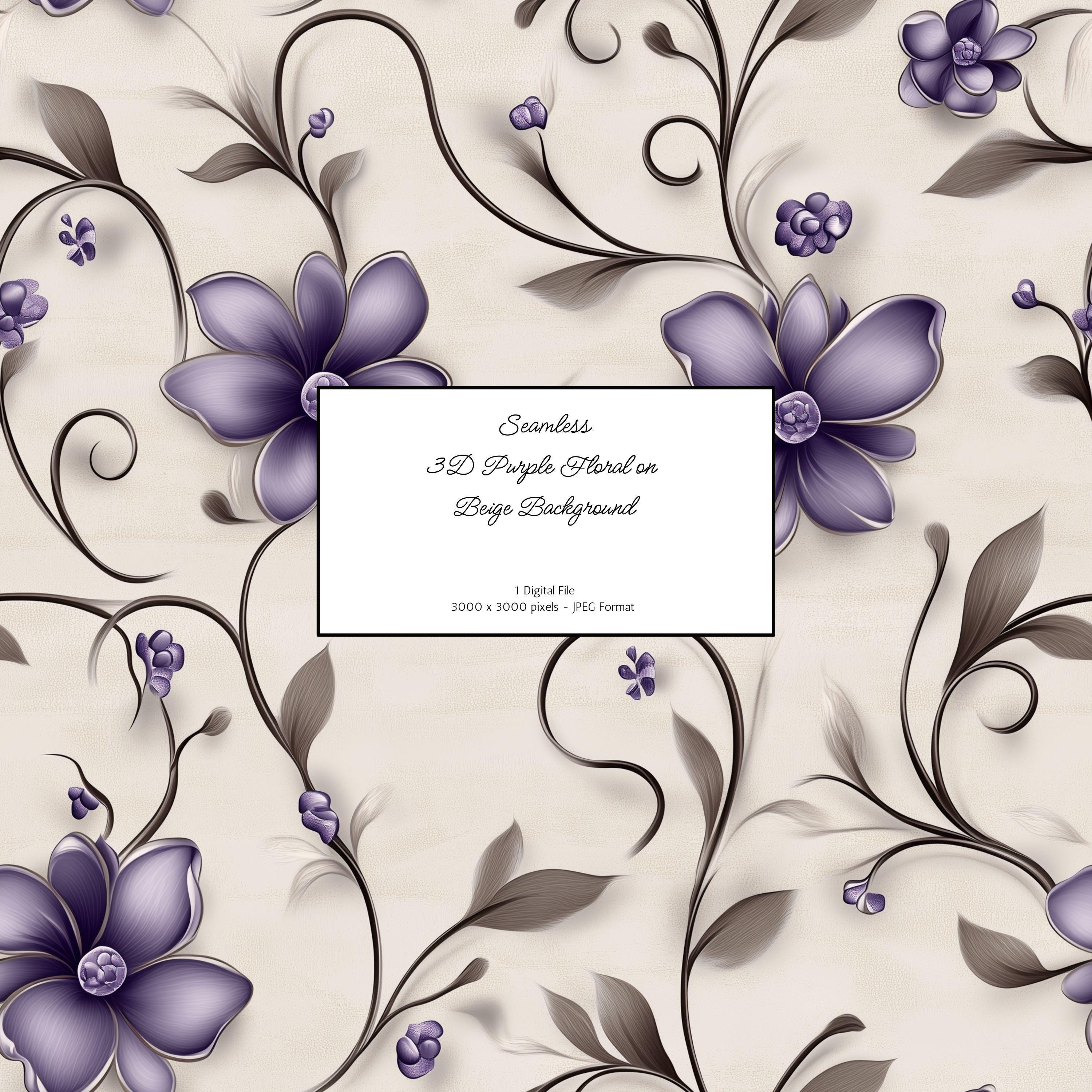 3D Floral Purple Flowers Beige Background Digital Paper Seamless ...