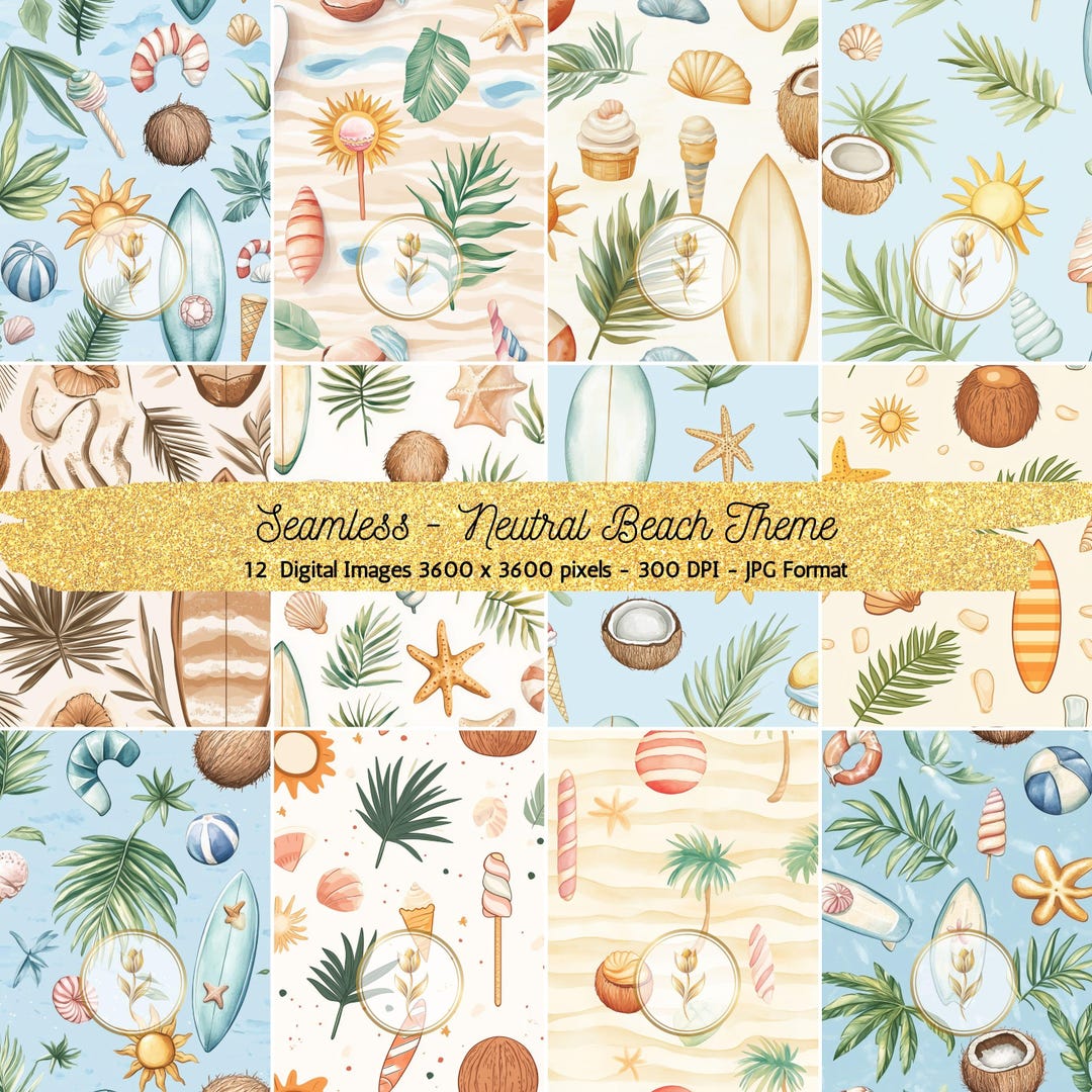 Neutral Beach Theme Digital Paper Bundle Seamless Pattern Repeating ...