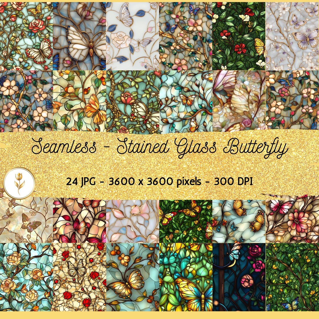 Stained Glass Butterfly Paper Bundle Floral Seamless Pattern Repeating ...